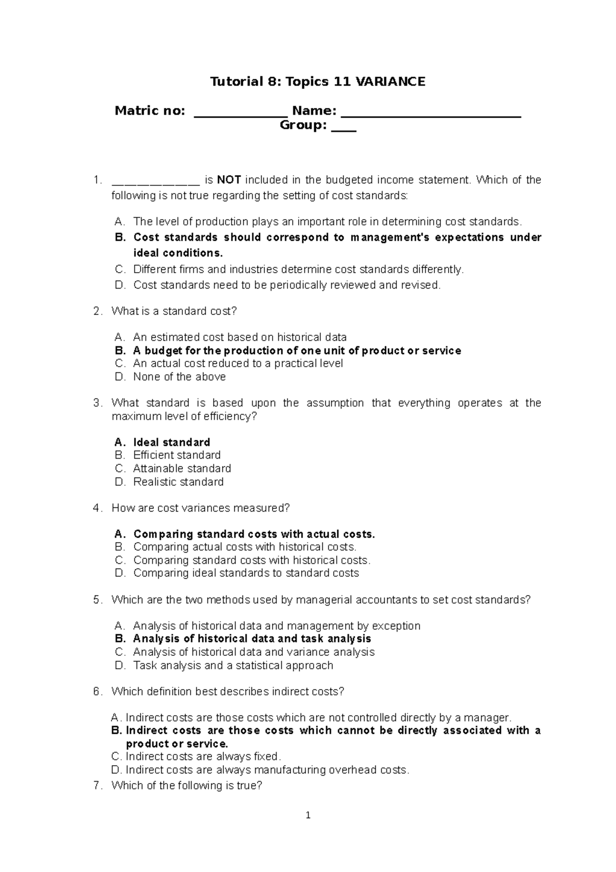 Tutorial 8 Variance- Answers - Tutorial 8 : Topics 11 VARIANCE Matric ...