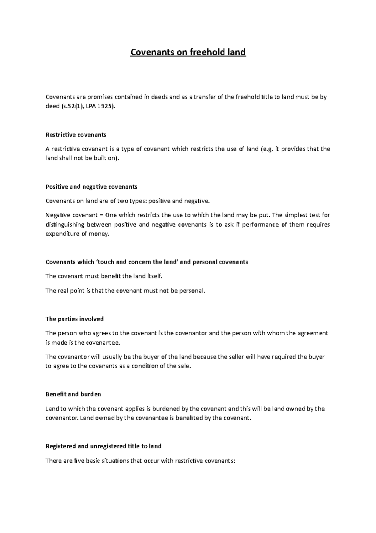 Covenants affecting freehold land - Covenants on freehold land ...