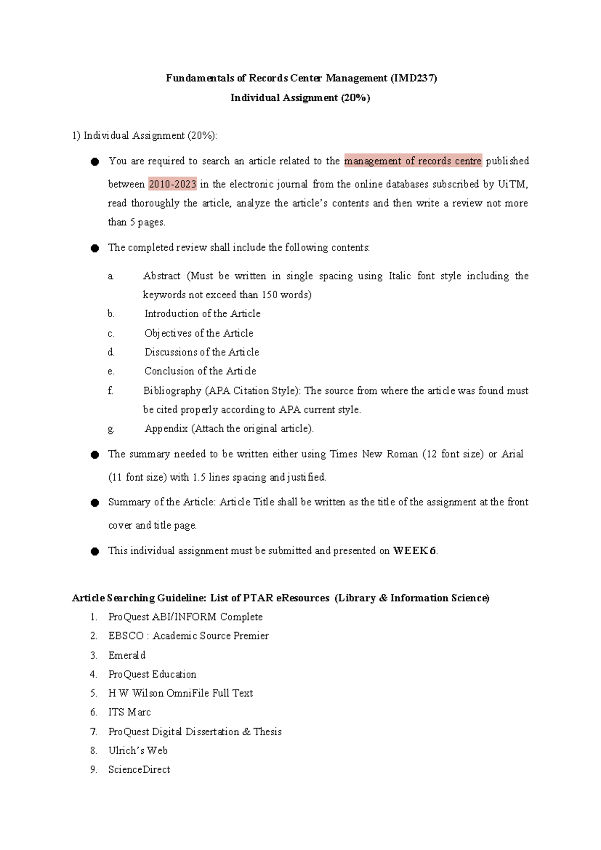 IMD237 Individual Assignment - Fundamentals of Records Center ...