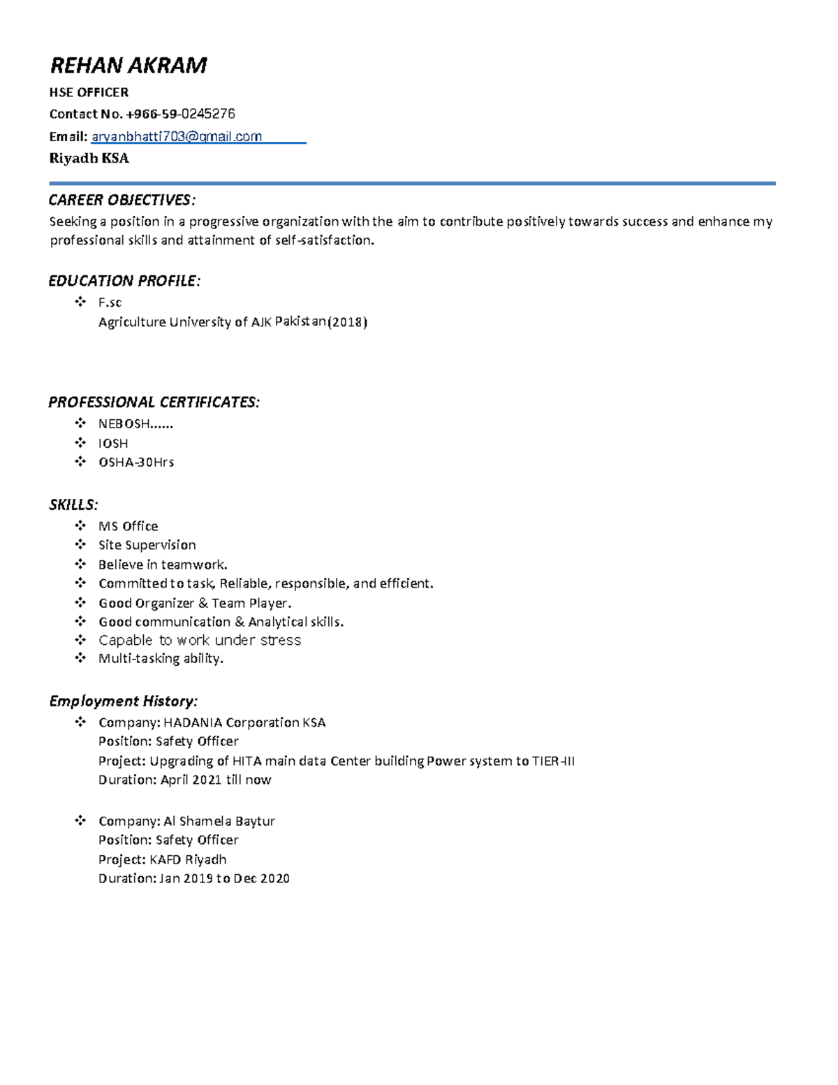 Mansoor Ahmad HSE 2022 - ghghghghg - REHAN AKRAM HSE OFFICER Contact No ...