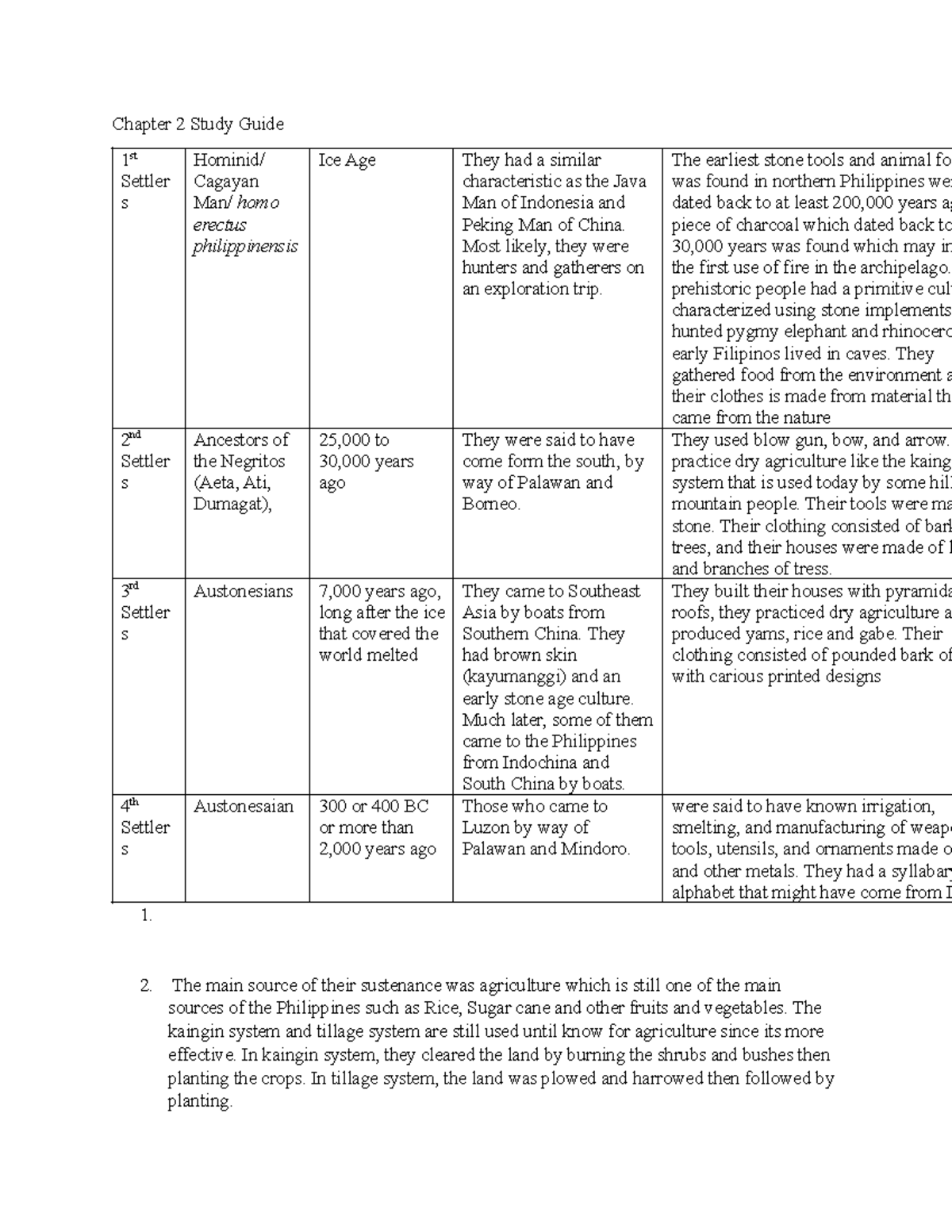 Chapter 2 Study Guide - Chapter 2 Study Guide 1 st Settler s Hominid ...