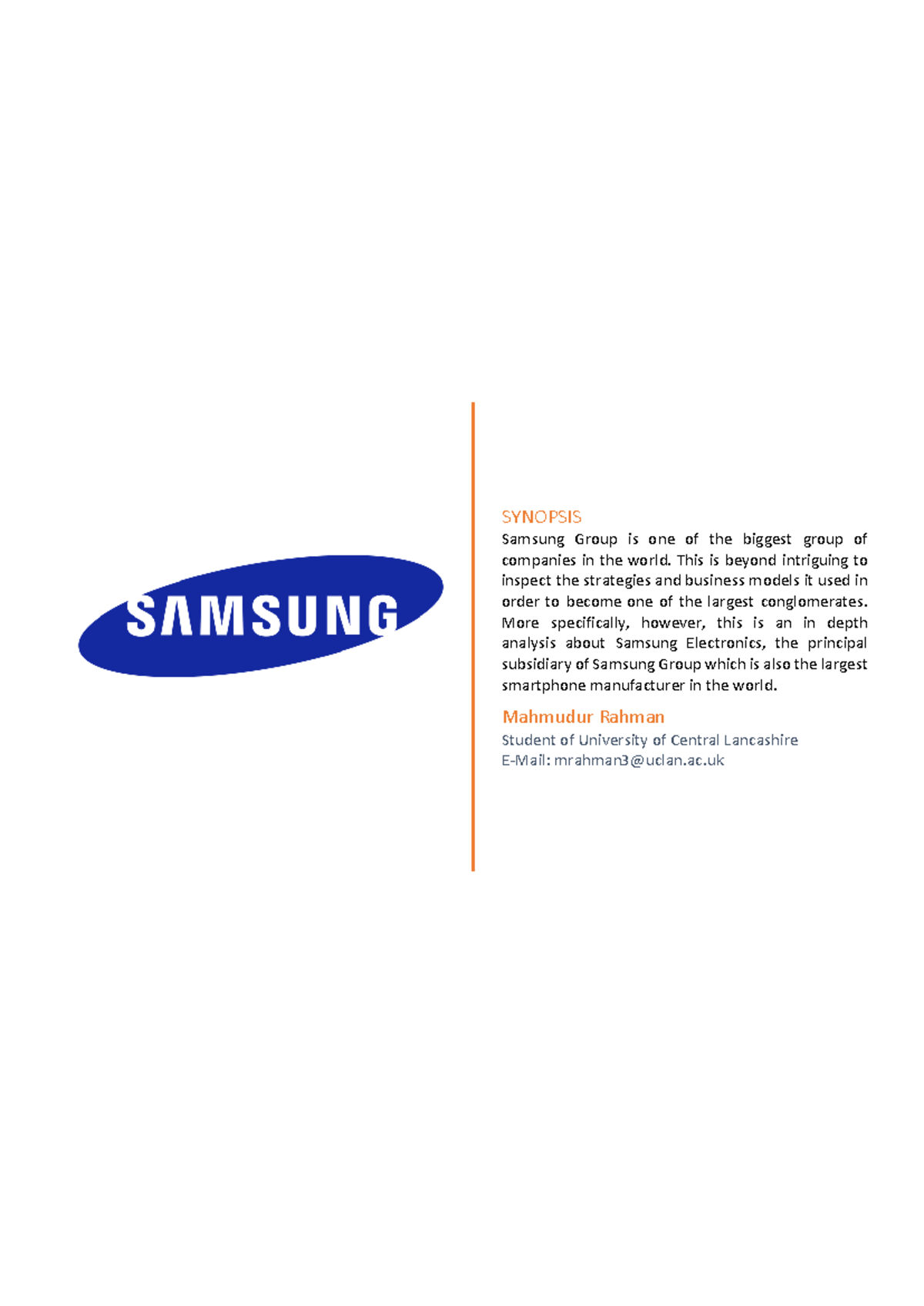 Case Study of Samsung Electronics by Mah - SYNOPSIS Samsung Group is ...