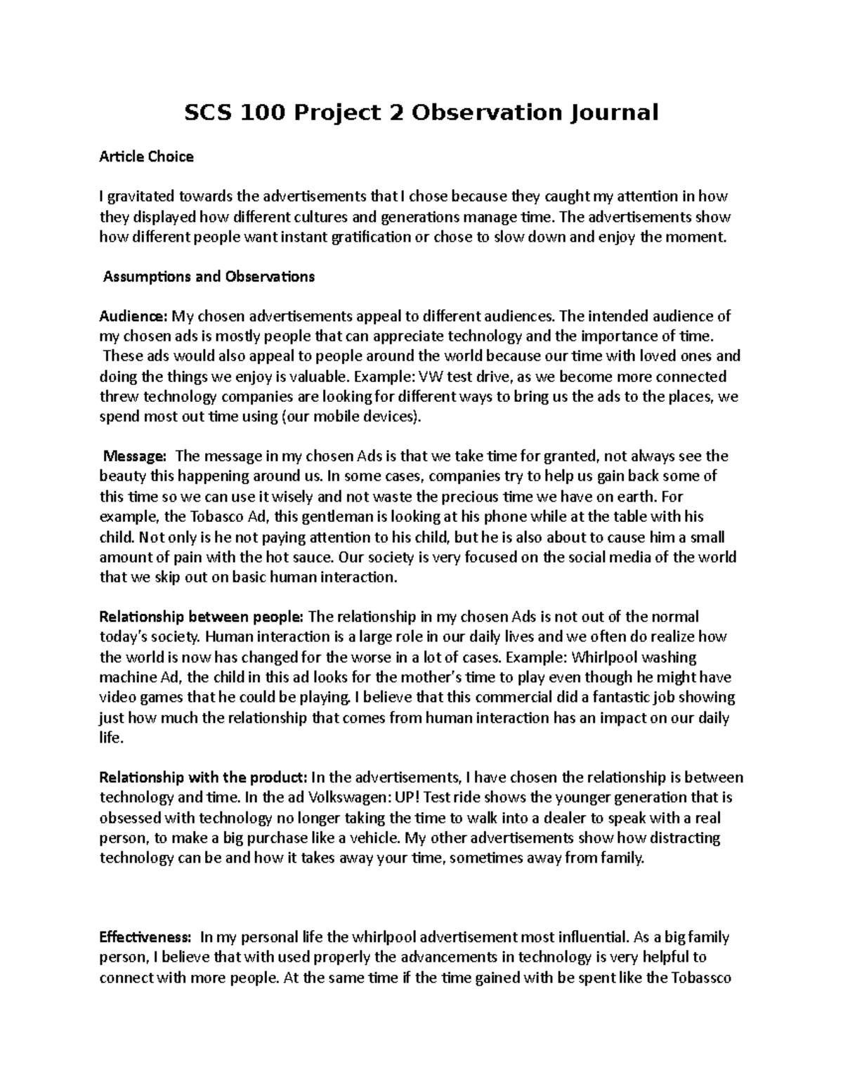 Darwin's Observation Journal - SCS 100 Project 2 Observation Journal ...