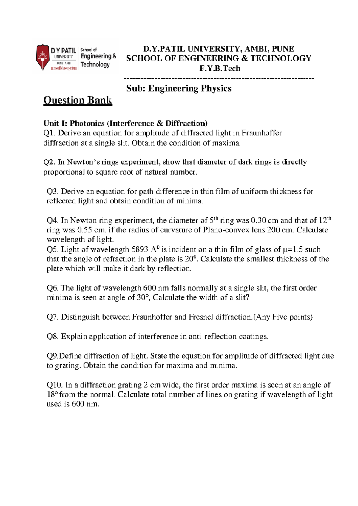Engg. Physics Question Bank for UT - D.Y UNIVERSITY, AMBI, PUNE SCHOOL OF ENGINEERING & - Studocu
