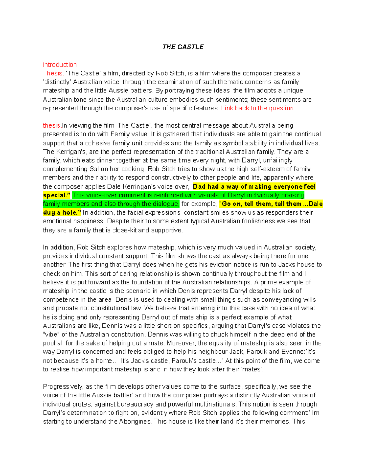 THE Castle - THE CASTLE introduction Thesis. ‘The Castle’ a film ...