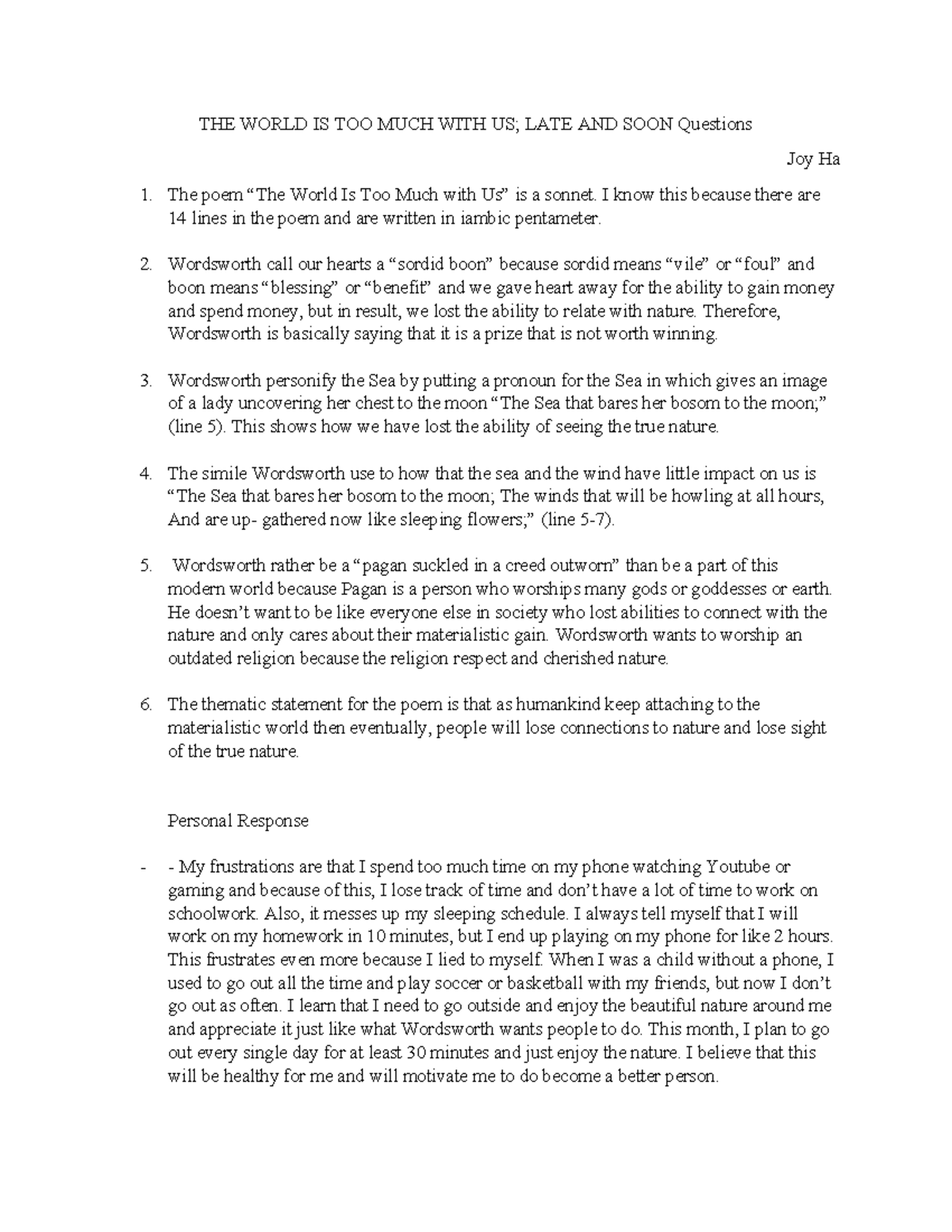 THE World IS TOO MUCH WITH US Questions - THE WORLD IS TOO MUCH WITH US ...