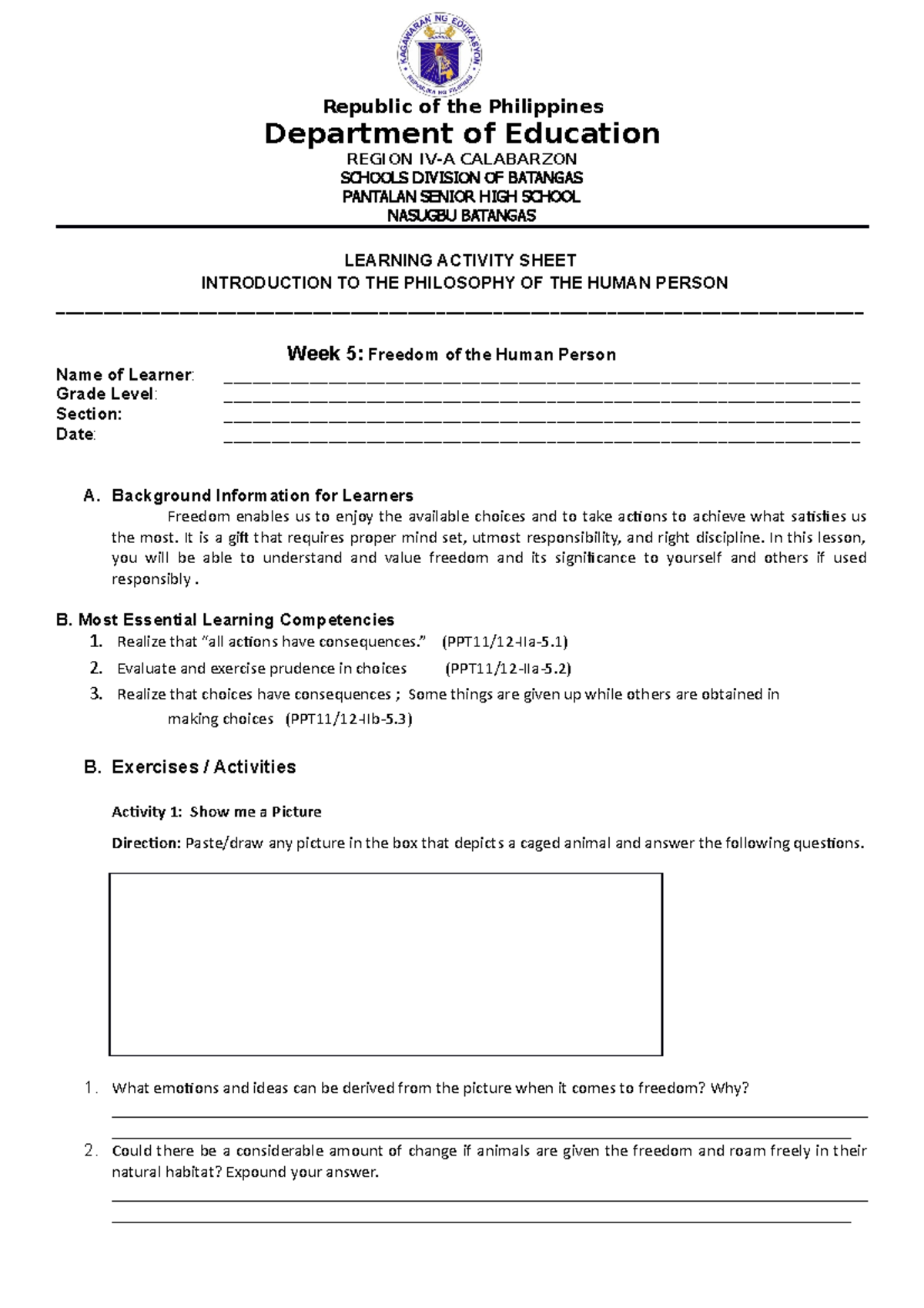 Week 5 Learning Activity Sheet Philo - Republic of the Philippines ...