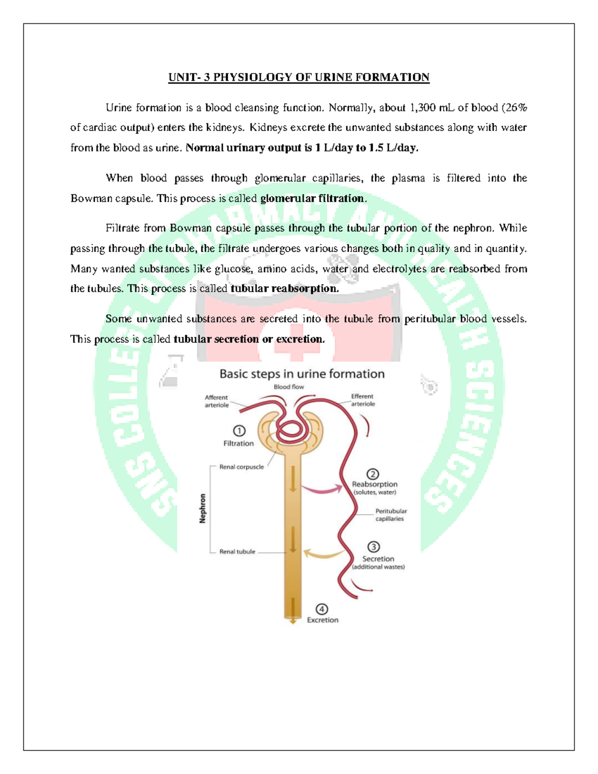 1603448032 - short note - UNIT- 3 PHYSIOLOGY OF URINE FORMATION Urine ...