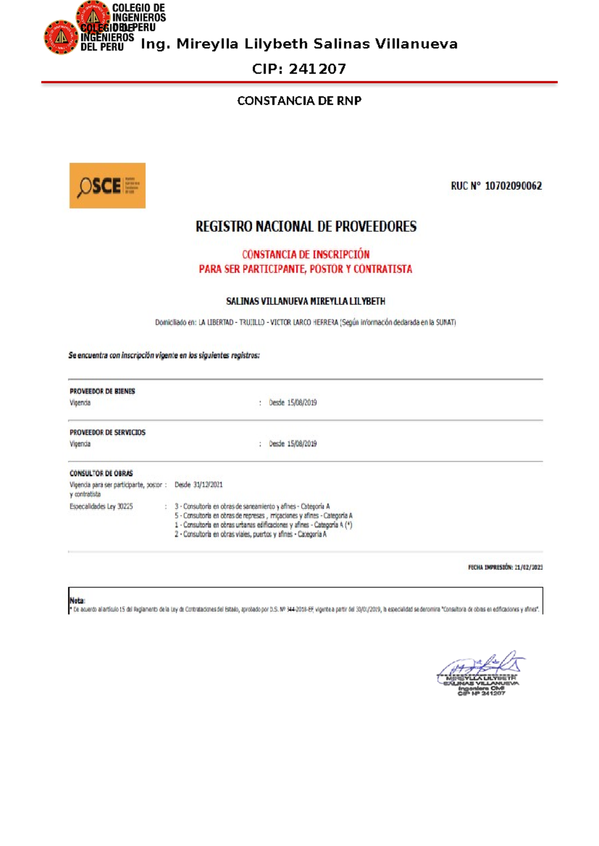 DOC- Cotizacion- Trocha Chontabamba - CIP: 241207 CONSTANCIA DE RNP CIP ...