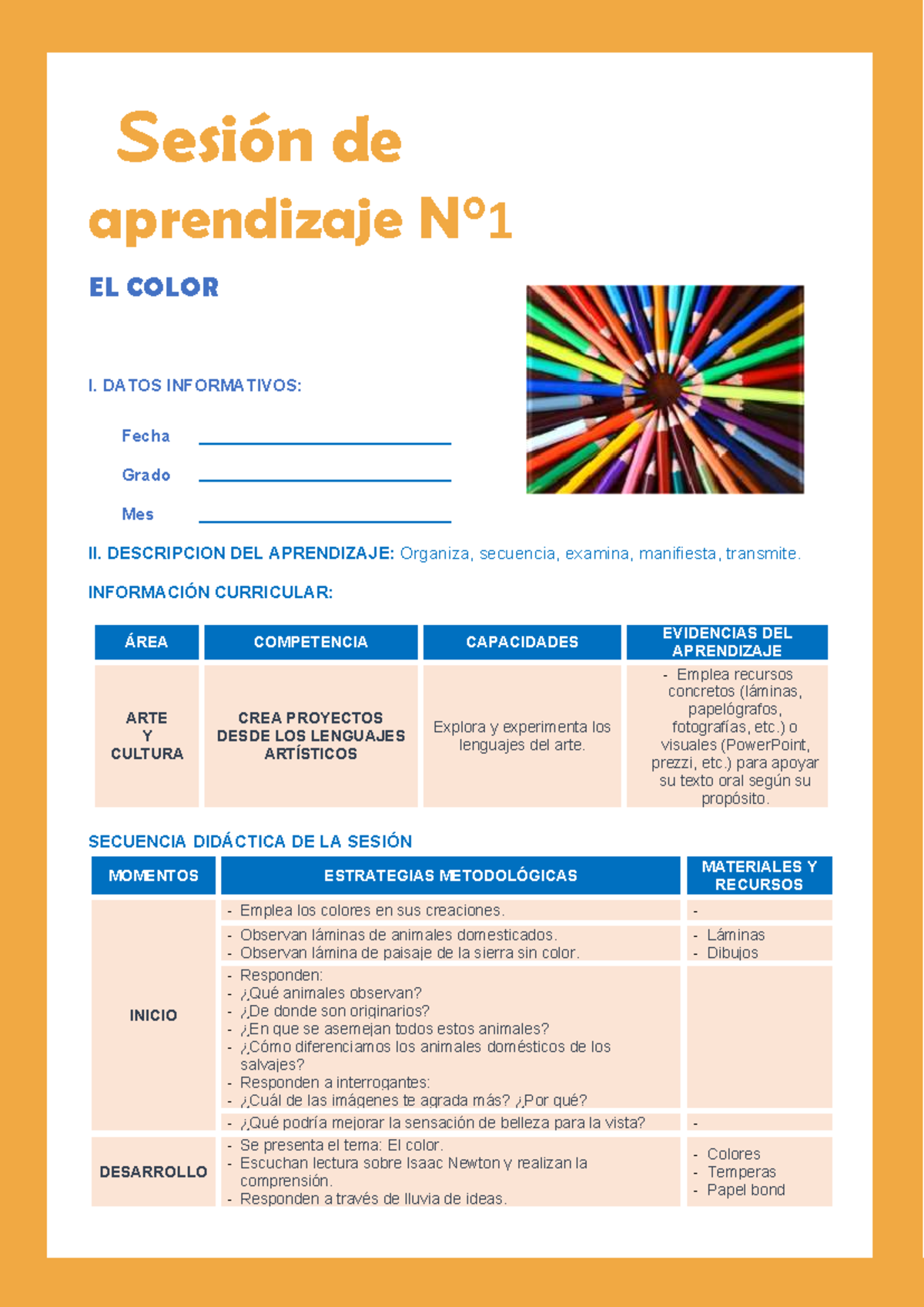 4 Sesion 5TO Grado Listo PDF - Sesión de aprendizaje N° 1 EL COLOR ####### I. DATOS INFORMATIVOS ...