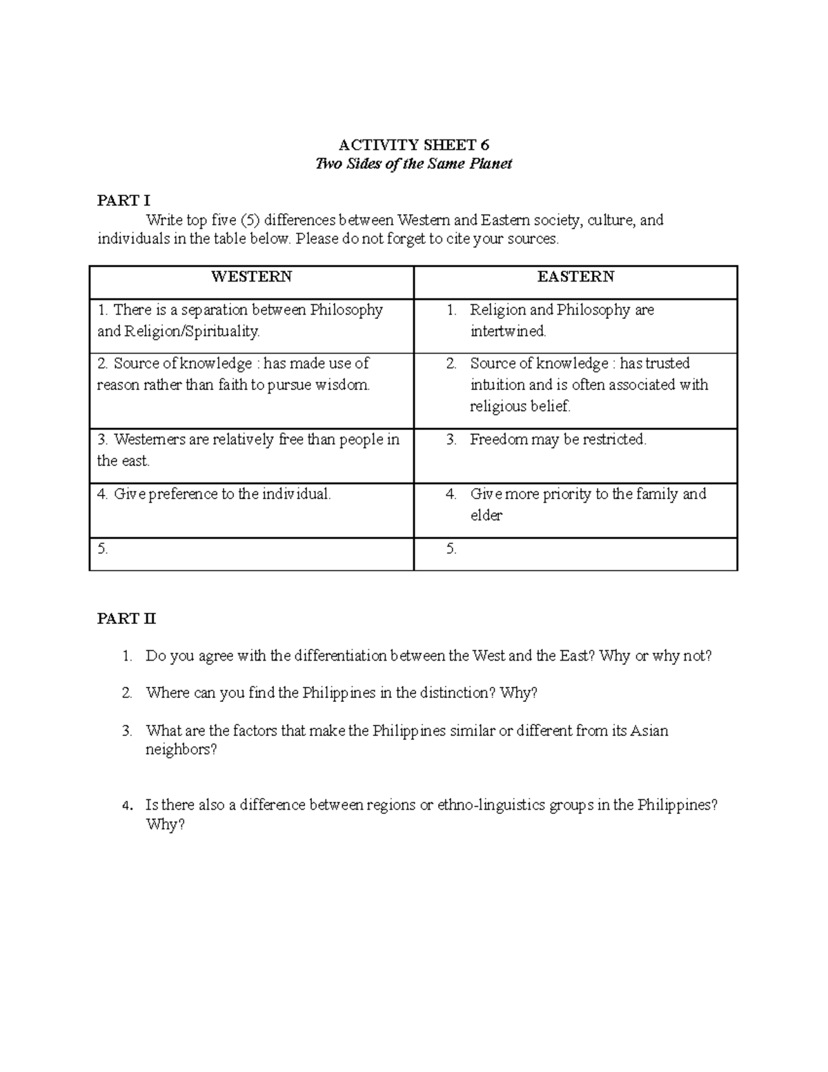 Two Sides of the Same Planet - ACTIVITY SHEET 6 Two Sides of the Same ...