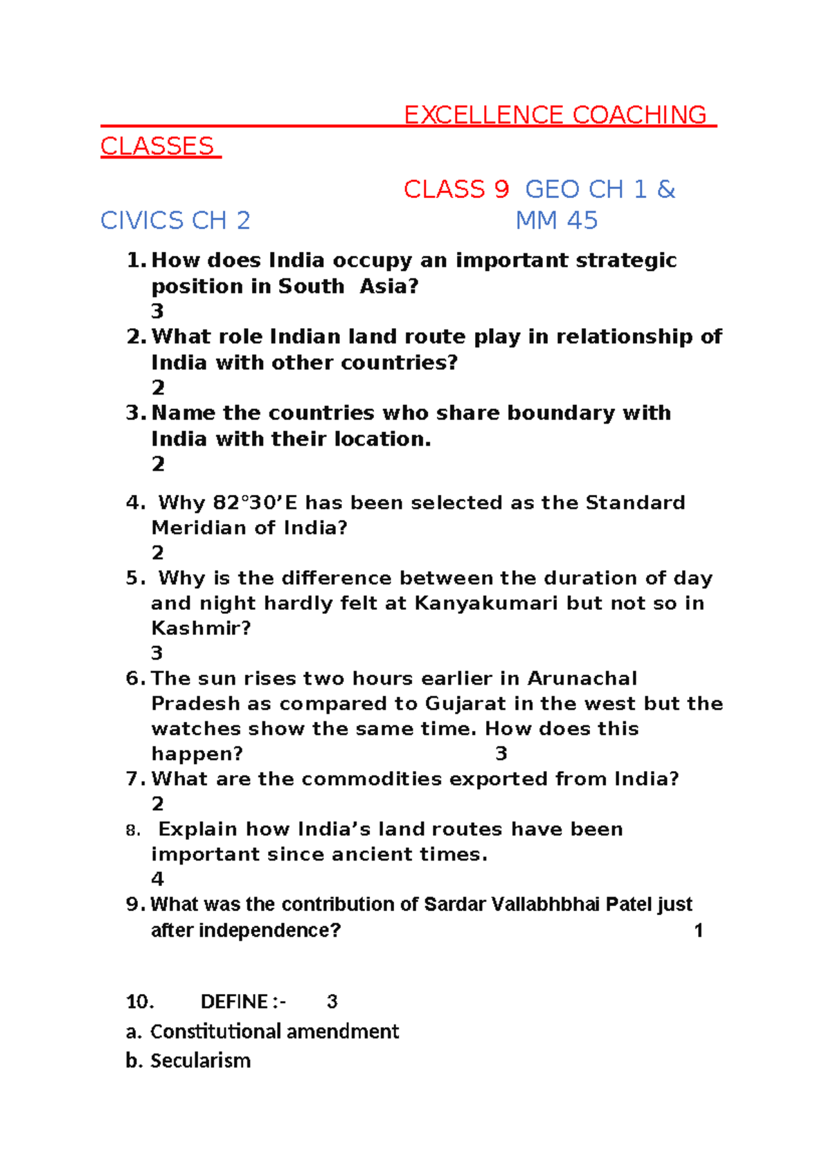 Class 9 SST TEST - EXCELLENCE COACHING CLASSES CLASS 9 GEO CH 1 ...