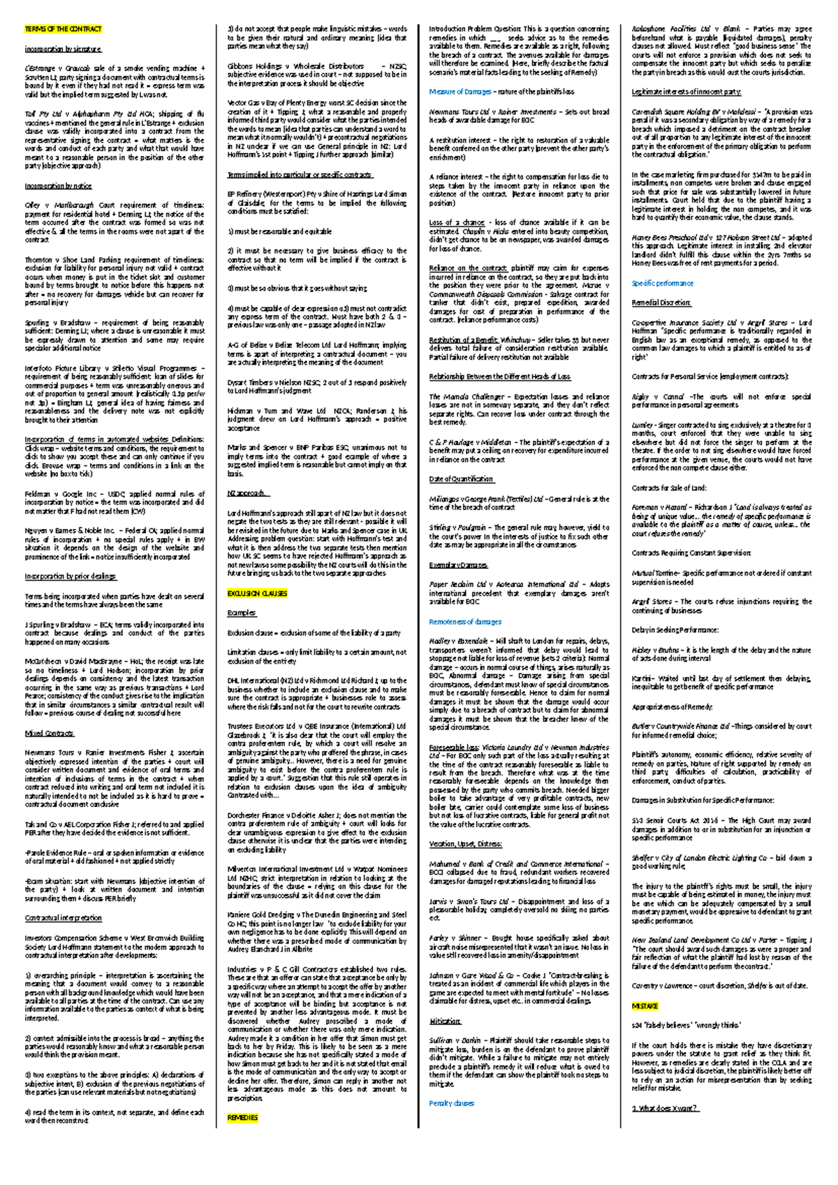 Contract final cheat sheet - TERMS OF THE CONTRACT incorporation by ...