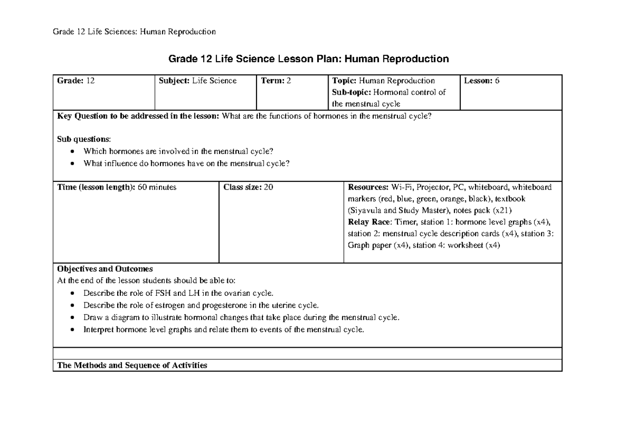 Reproductive system lesson plan - Grade 12 Life Science Lesson Plan ...