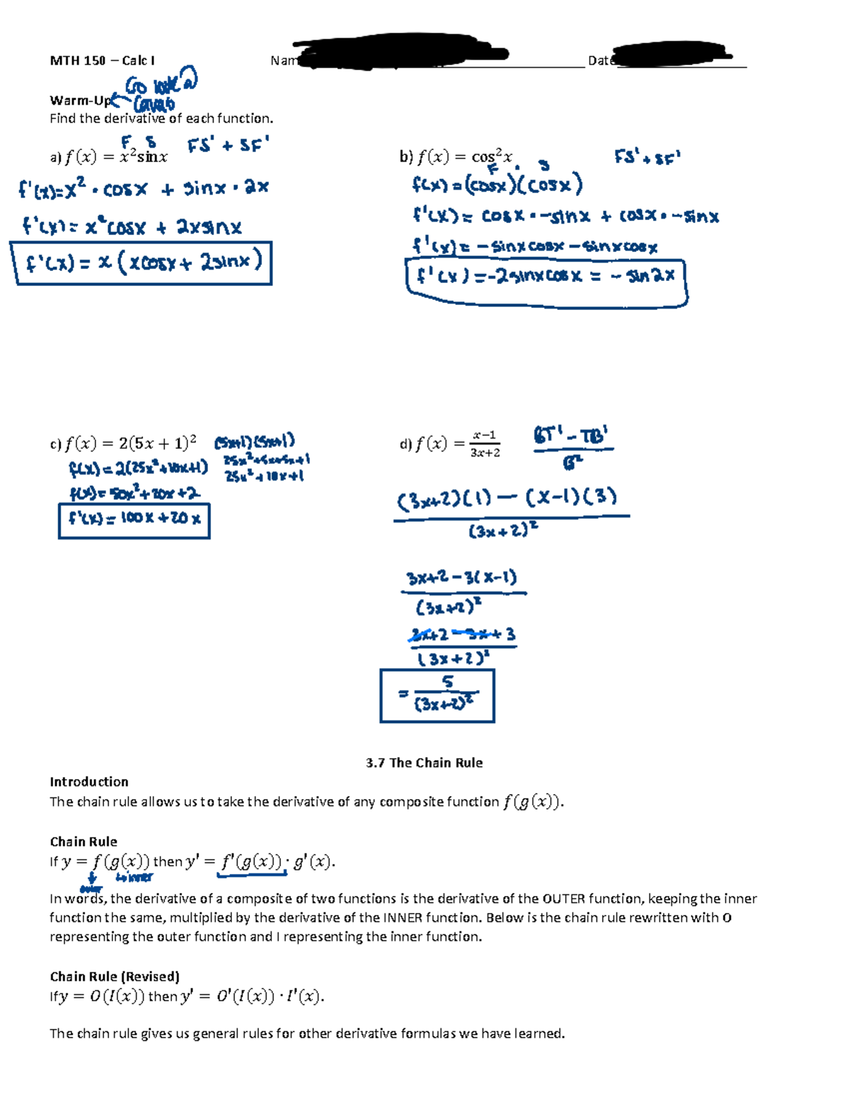 3.7 the chain rule - MTH 150 – Calc I Name ...
