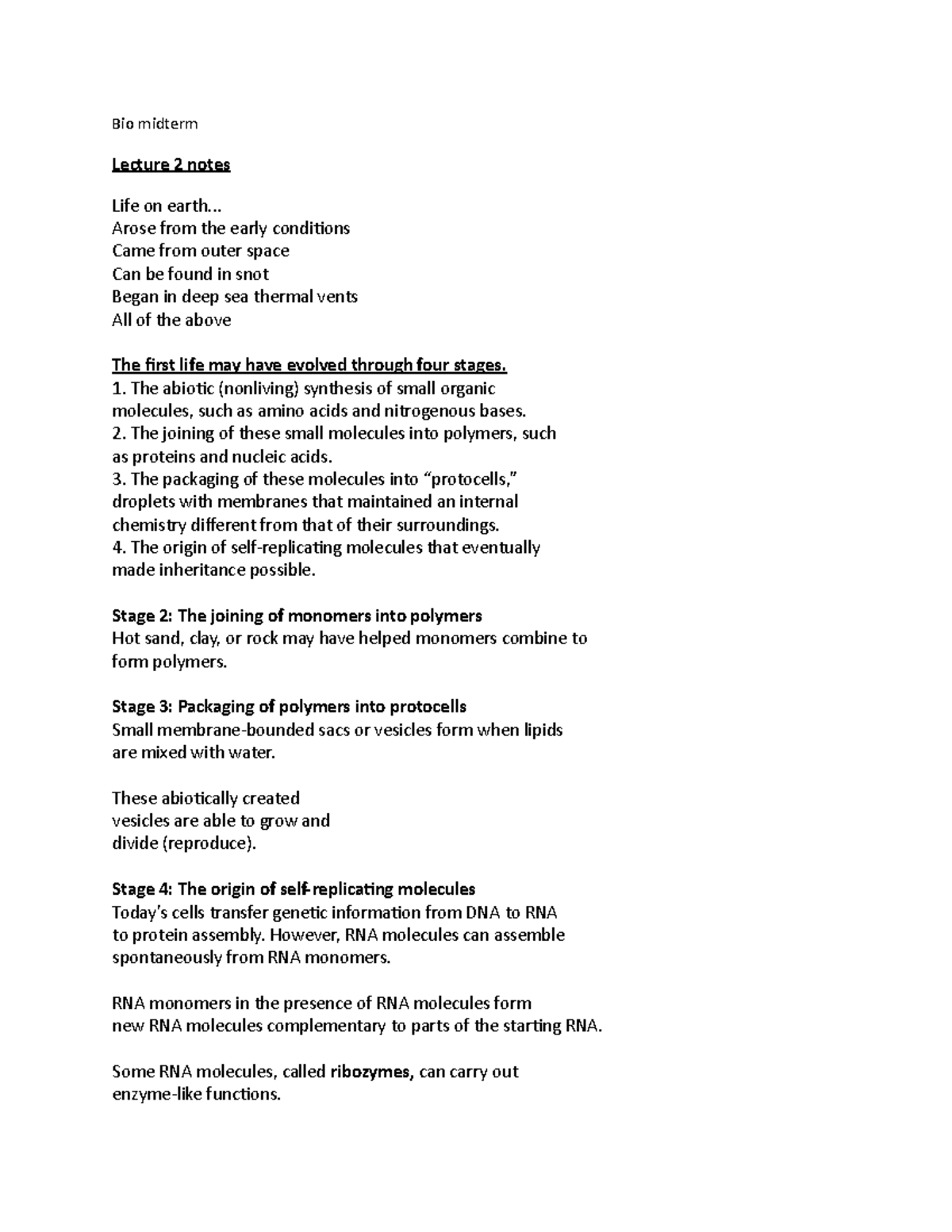 Bio midterm summary - Bio midterm Lecture 2 notes Life on earth ...
