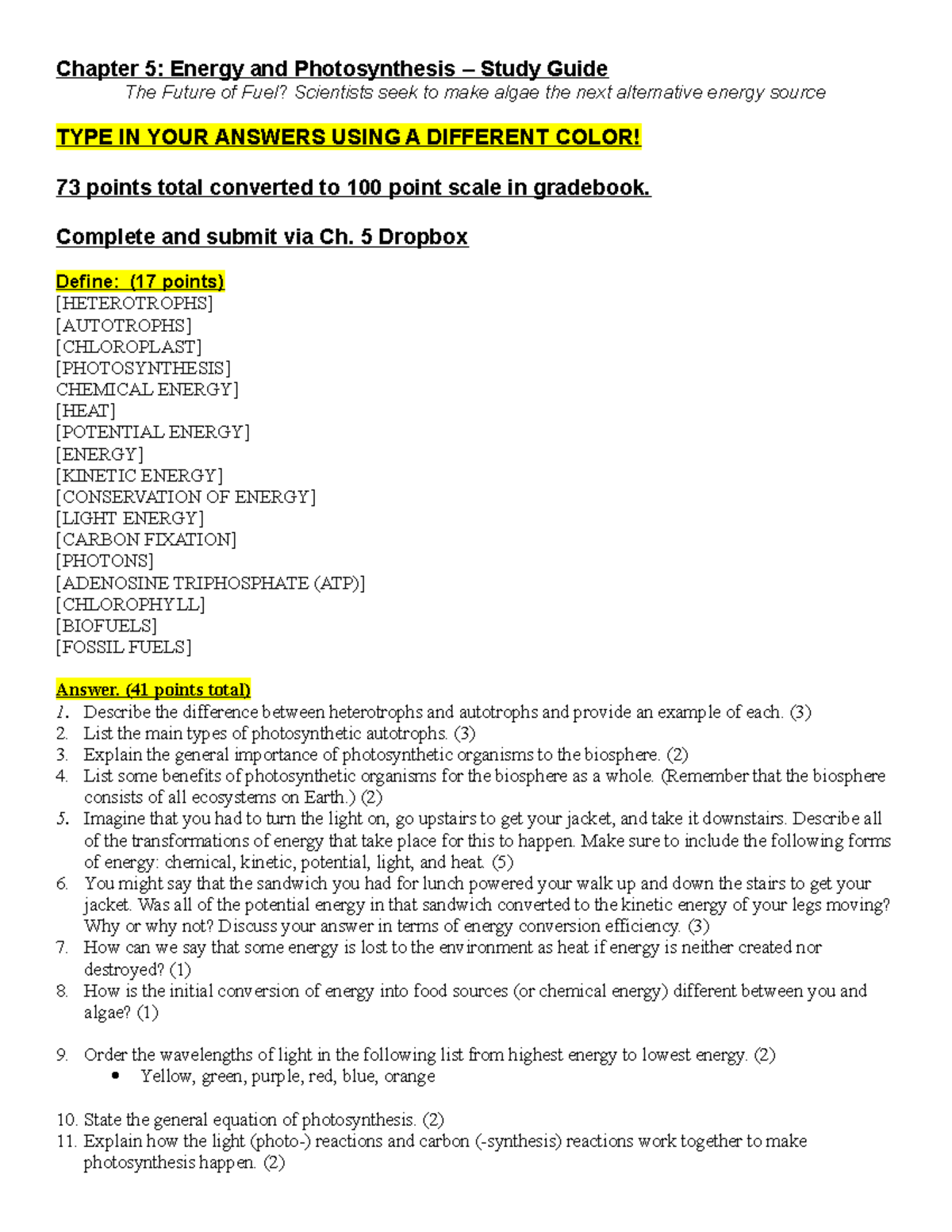Ch. 5 Study Guide - N/A - Chapter 5: Energy and Photosynthesis – Study ...