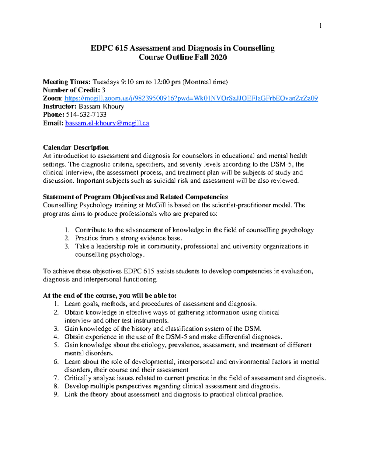 EDPC 615 Assessment and Diagnosis in Counselling Course Outline Fall ...