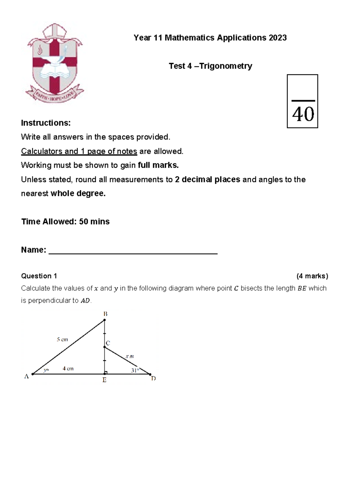 Year 11 Applications Test 4 Trigonometry 2023 - Year 11 Mathematics ...