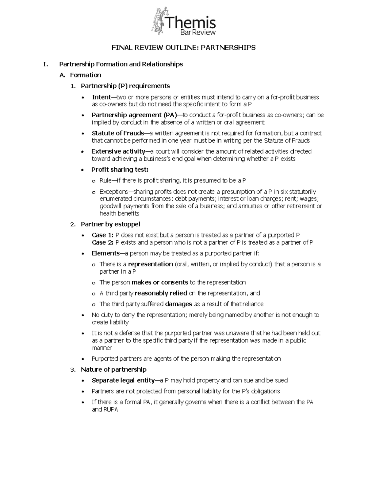 MEE - NY Bar exam Practice - FINAL REVIEW OUTLINE: PARTNERSHIPS I ...