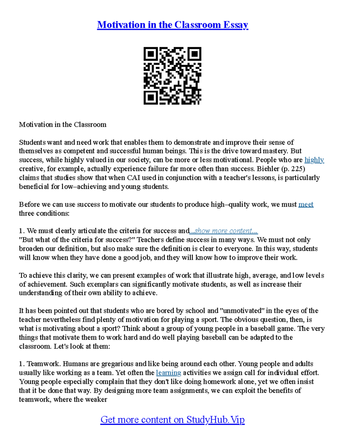 Didactic Essay Example - Motivation in the Classroom Essay Motivation ...