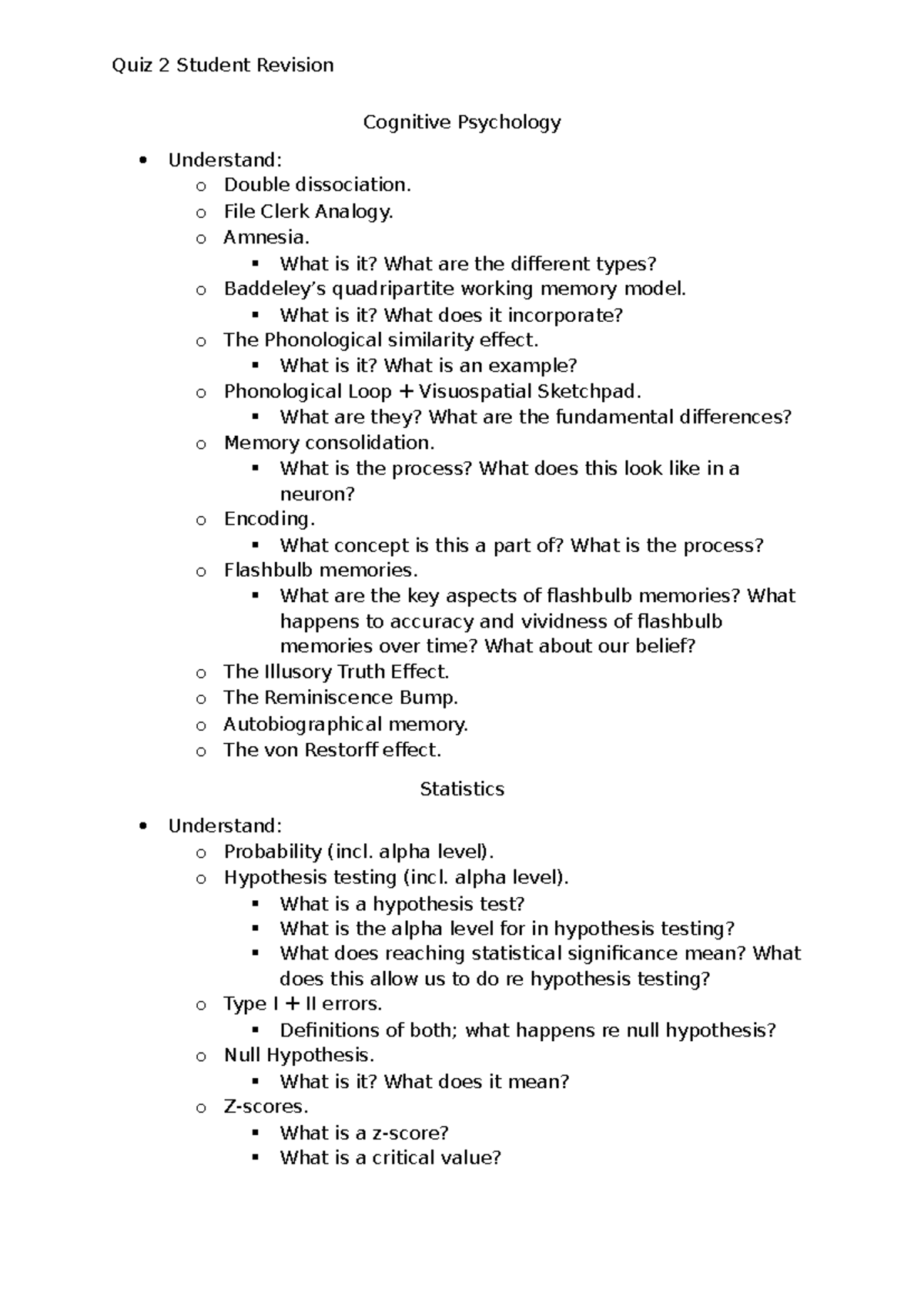 Session 7 Test Revision - Quiz 2 Student Revision Cognitive Psychology ...