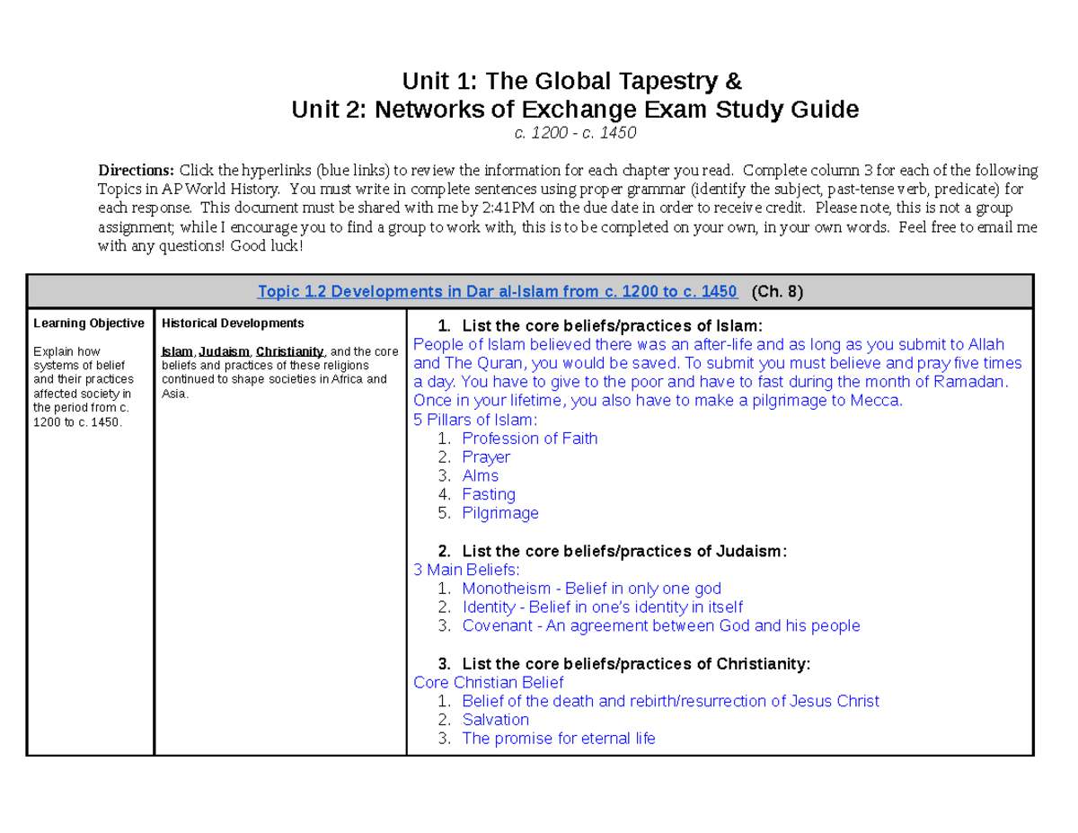 AP World History Unit 1 2 Essential Questions Review - Unit 1: The ...