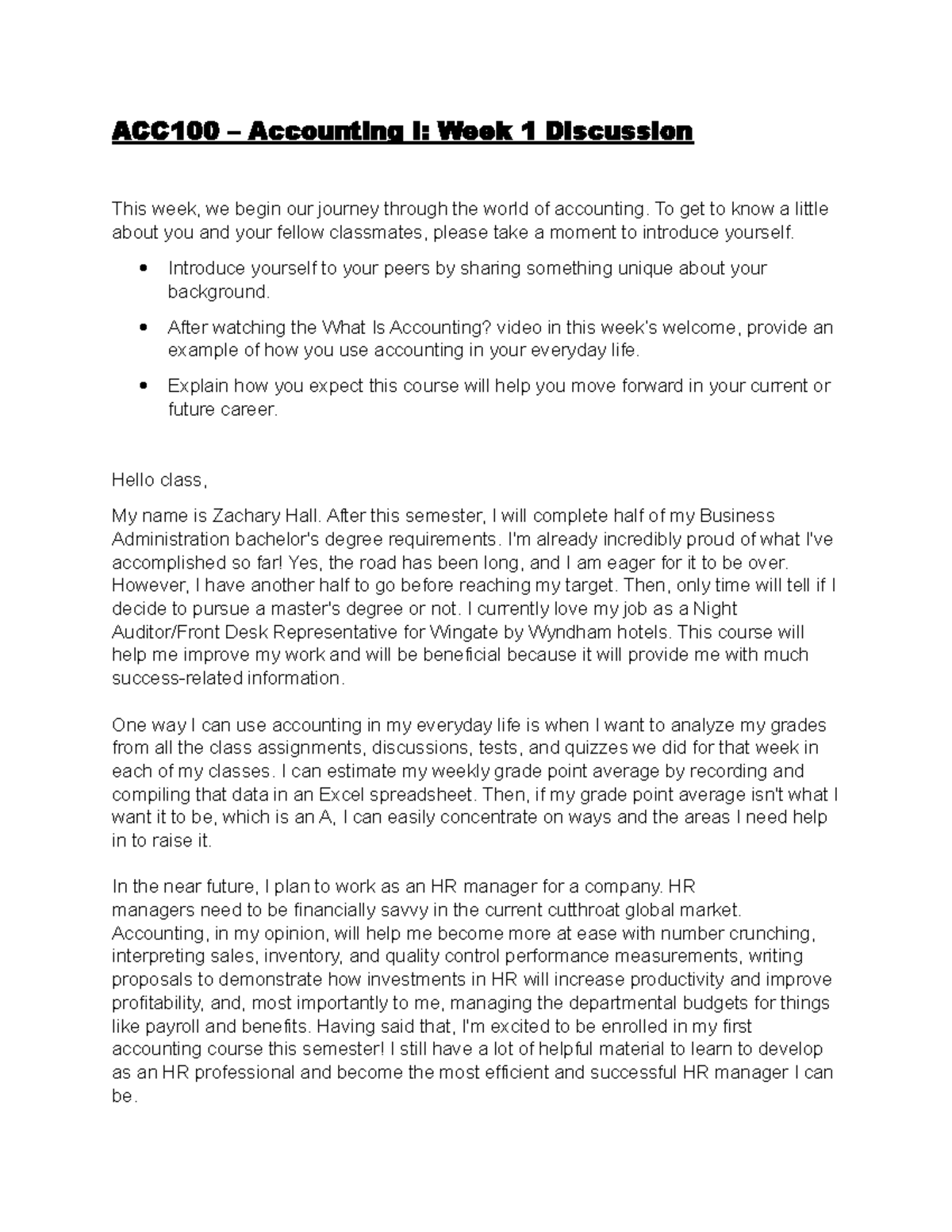 Week 1 Discussion - Instructor: Laura Lee - ACC 100 – Accounting I ...