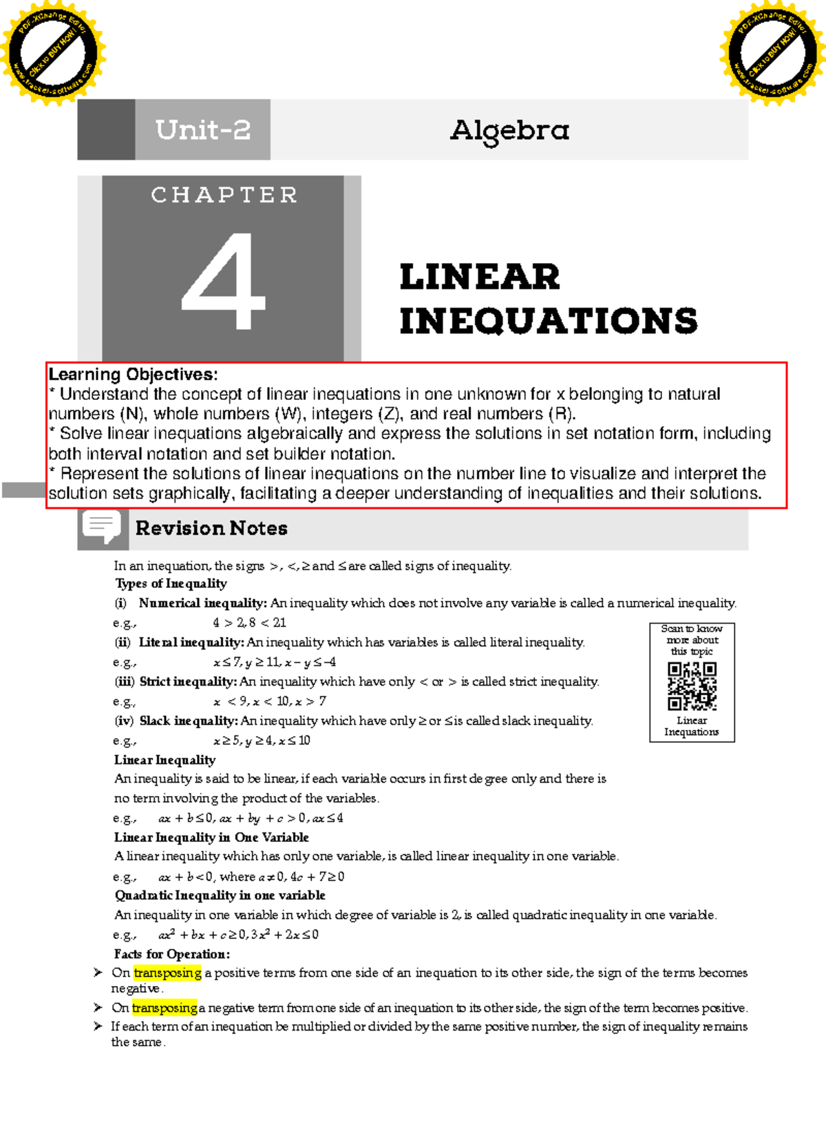 Chapter 4 - Maths - Unit-2 Algebra LINEAR INEQUATIONS Linear ...