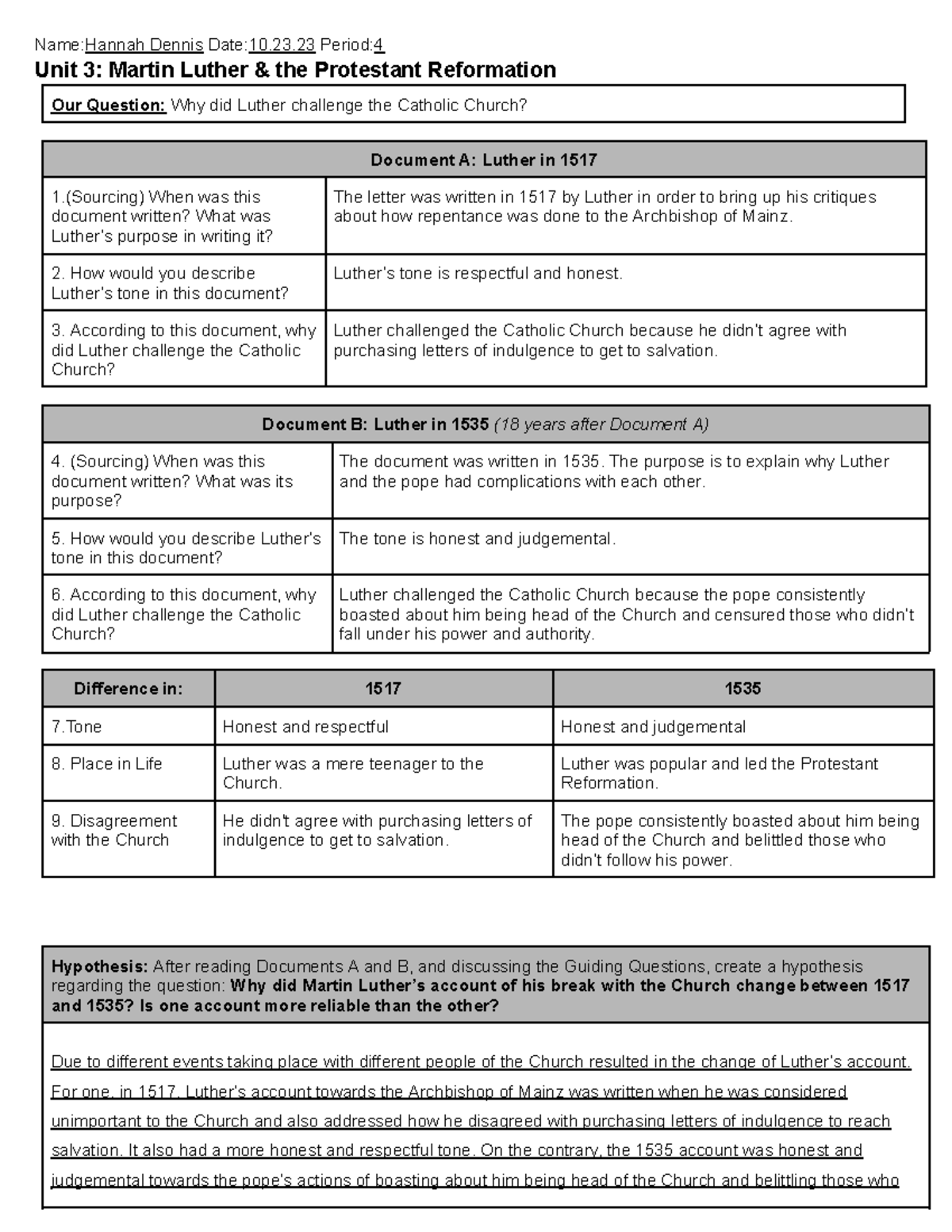 Unit 3 Protestant Reformation Activity (Student Handout) - Name:Hannah ...