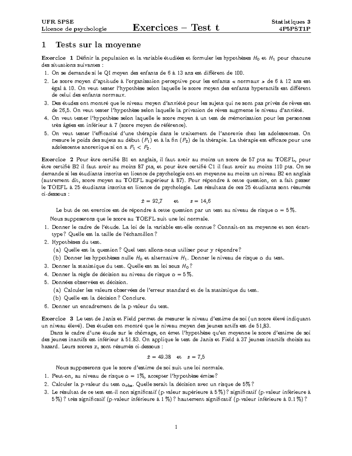 Exos1 test t énoncés - exercices - UFR SPSE Licence de psychologie ...