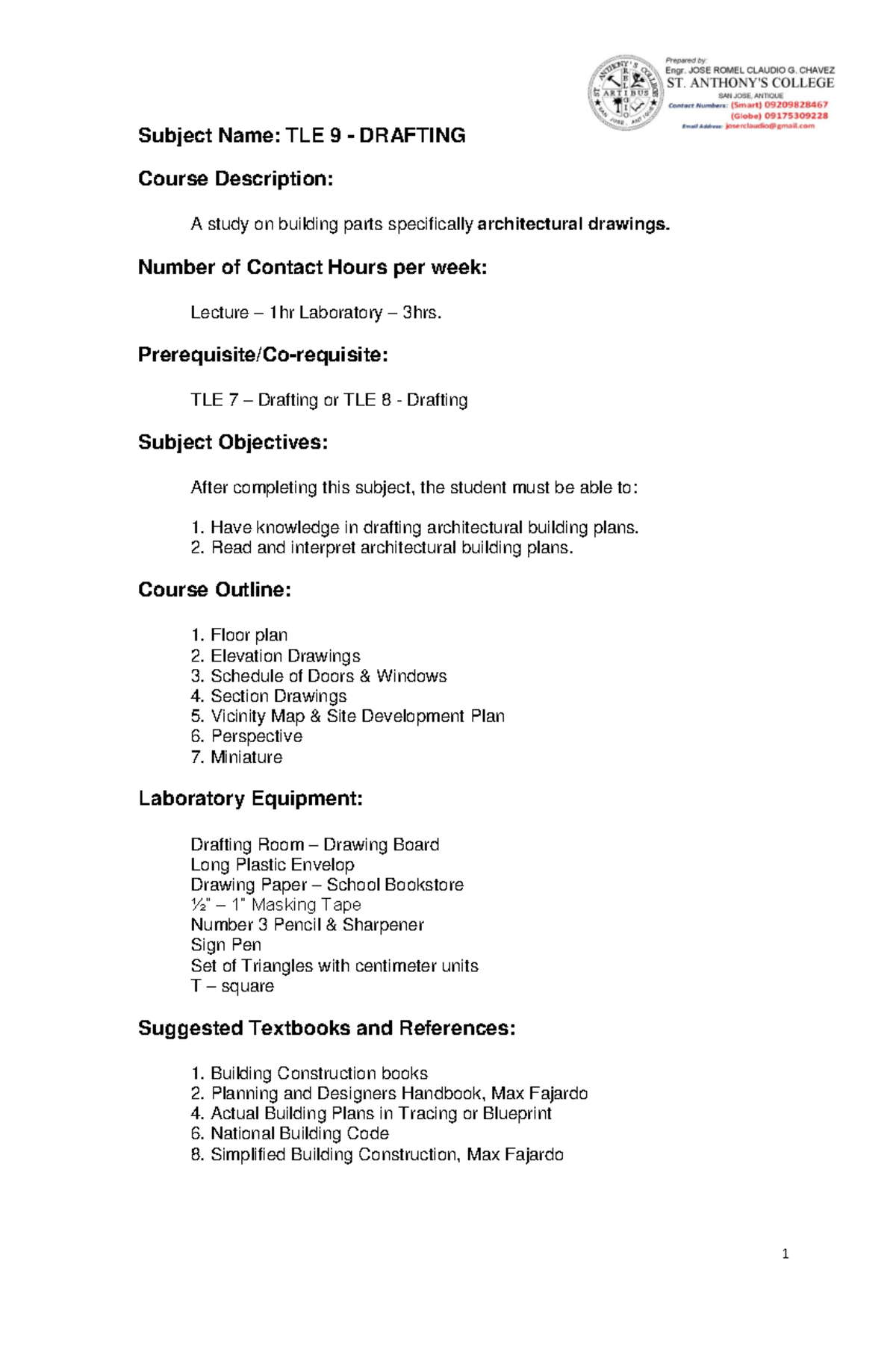 TLE 9 Page 1-6 Architectural - Subject Name: TLE 9 - DRAFTING Course ...