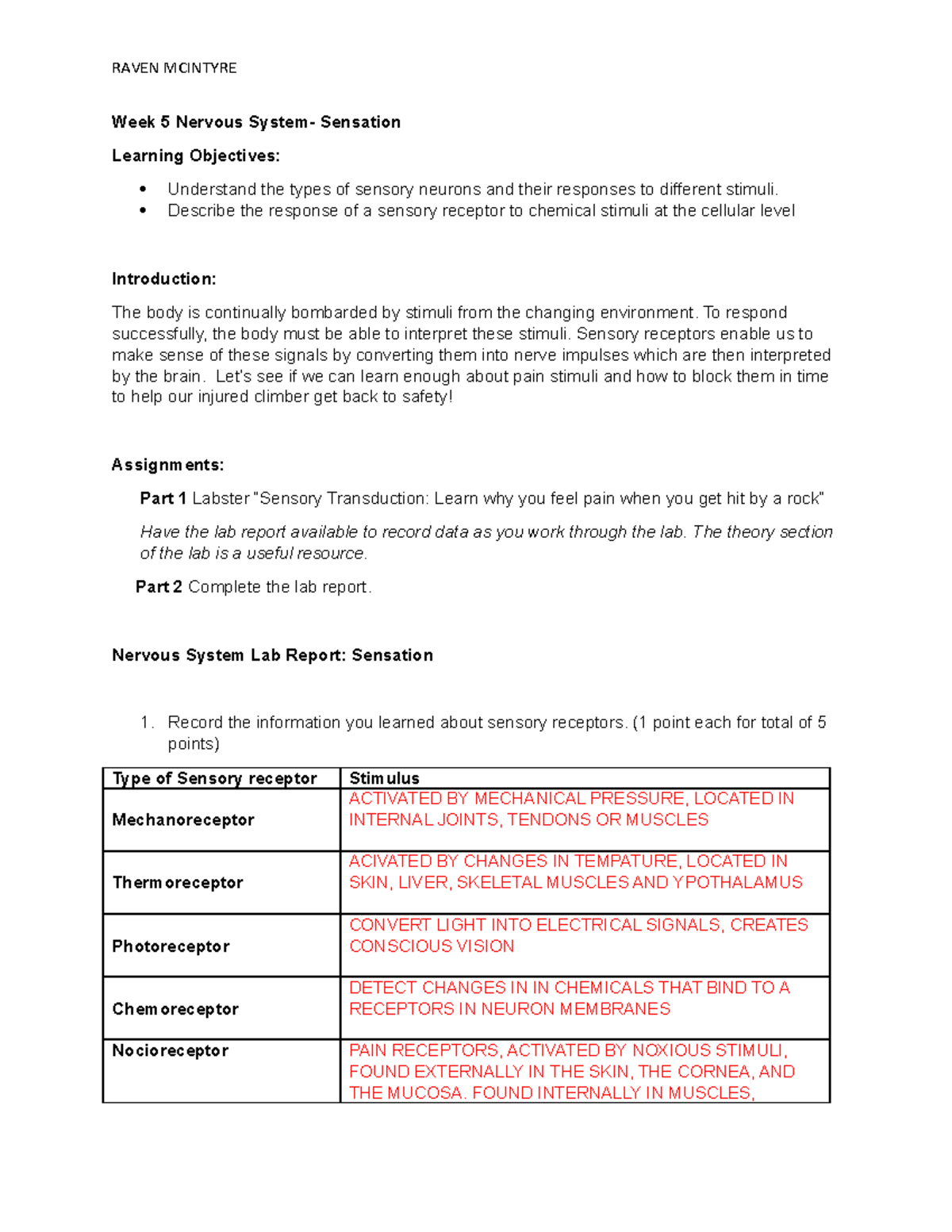 Week 5 Nervous System- Senses Updated - RAVEN MCINTYRE Week 5 Nervous ...