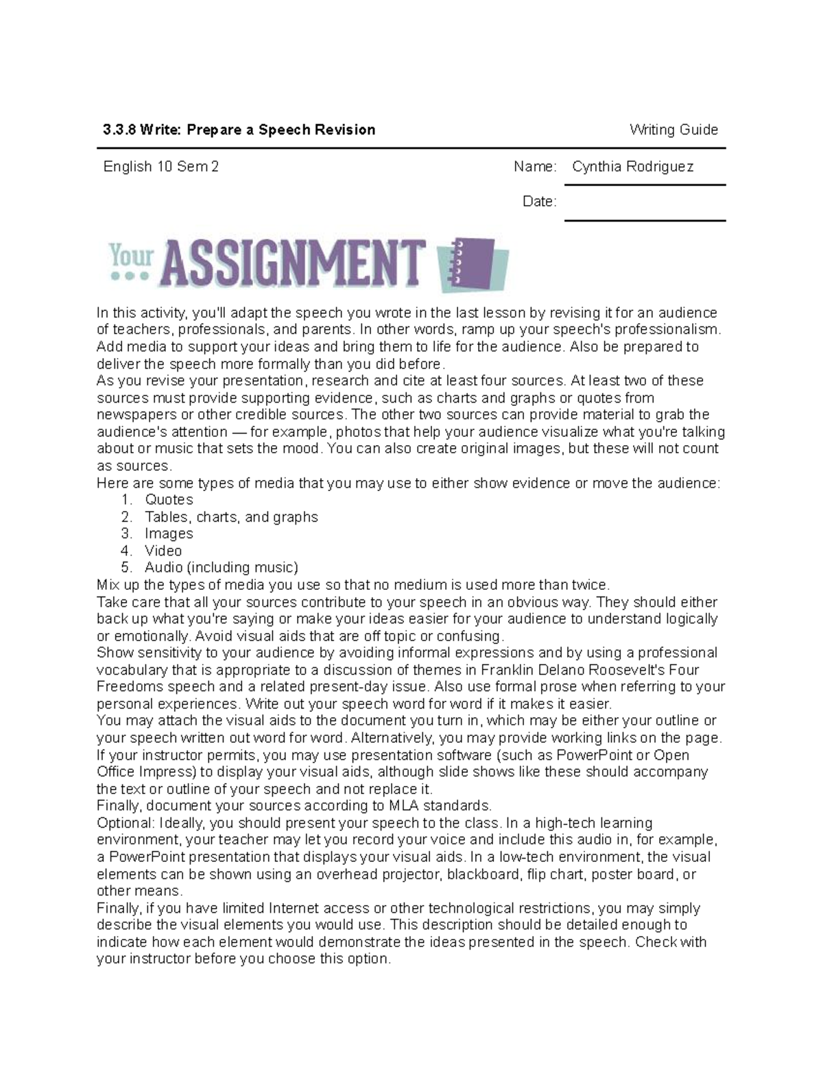 3.3.8 Write Prepare a Speech Revision - 3.3 Write: Prepare a Speech ...