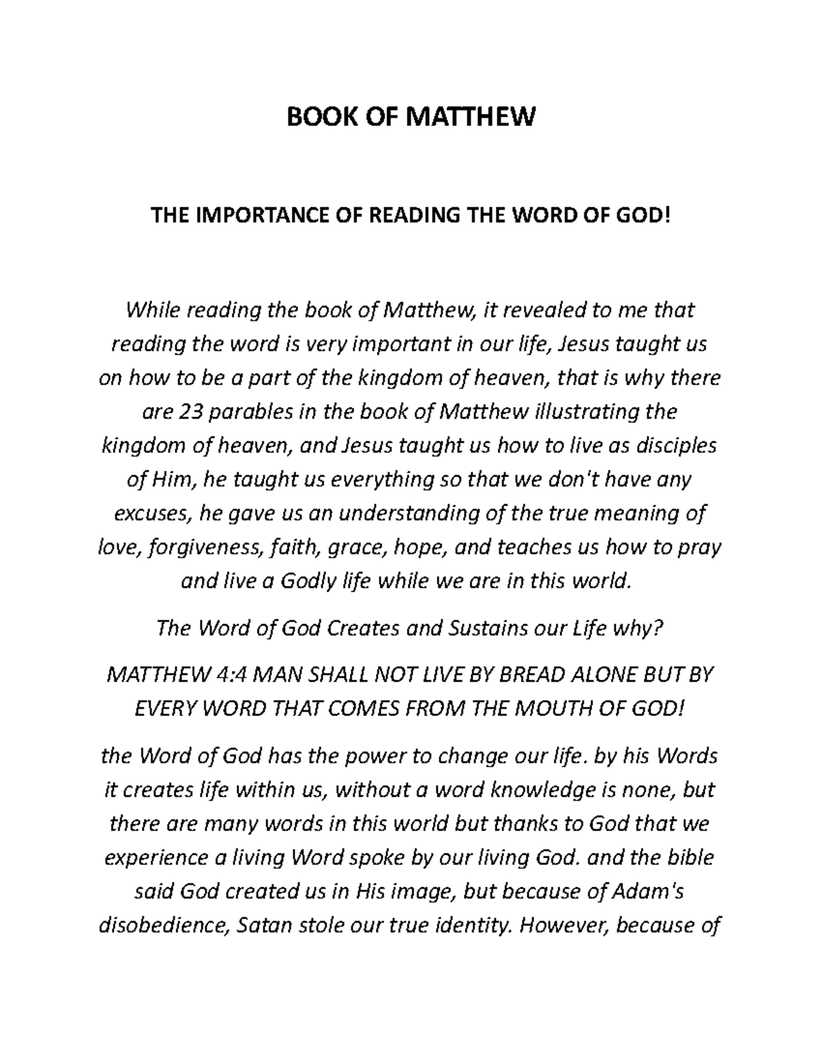 BOOK OF Matthew-WPS Office - BOOK OF MATTHEW THE IMPORTANCE OF READING ...
