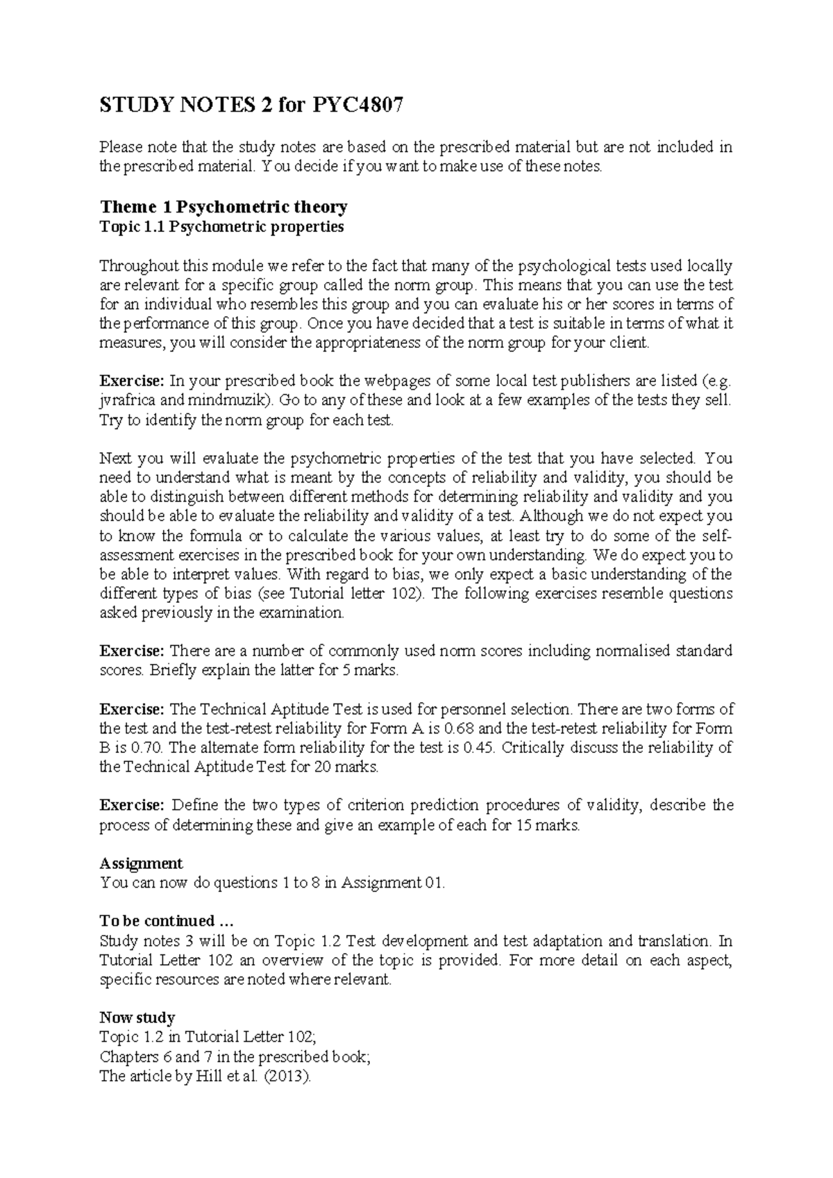 Study Notes 2 for PYC4807 - STUDY NOTES 2 for PYC Please note that the ...