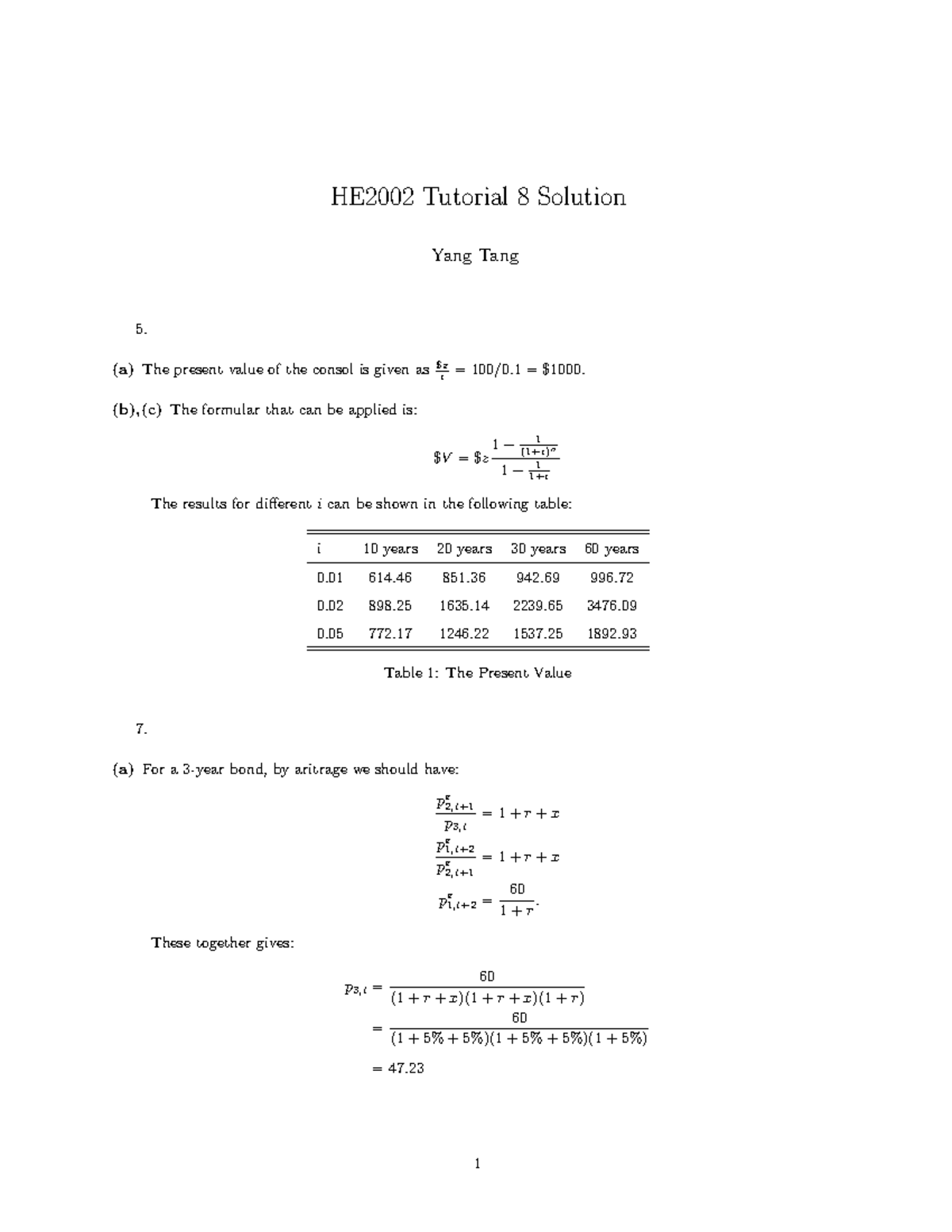 HE2002 Tutorial 8 solution - HE2002 Tutorial 8 Solution Yang Tang 5. (a ...