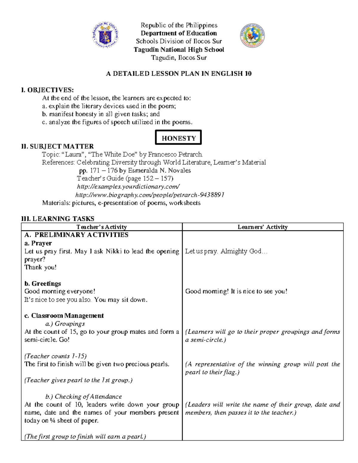 PLAN lesson and others - Republic of the Philippines Department of ...