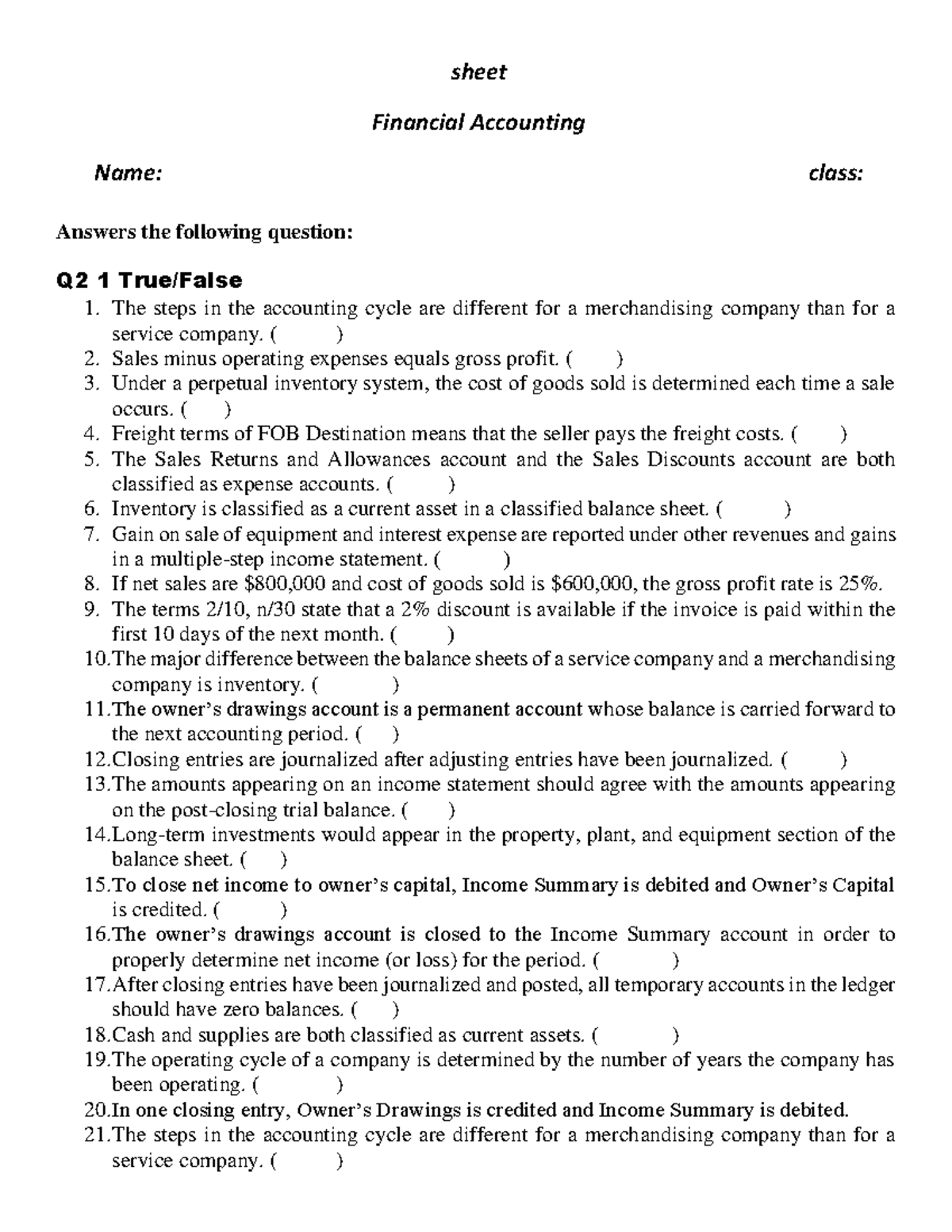 Sheet For True and False Questions to solve - sheet Financial ...