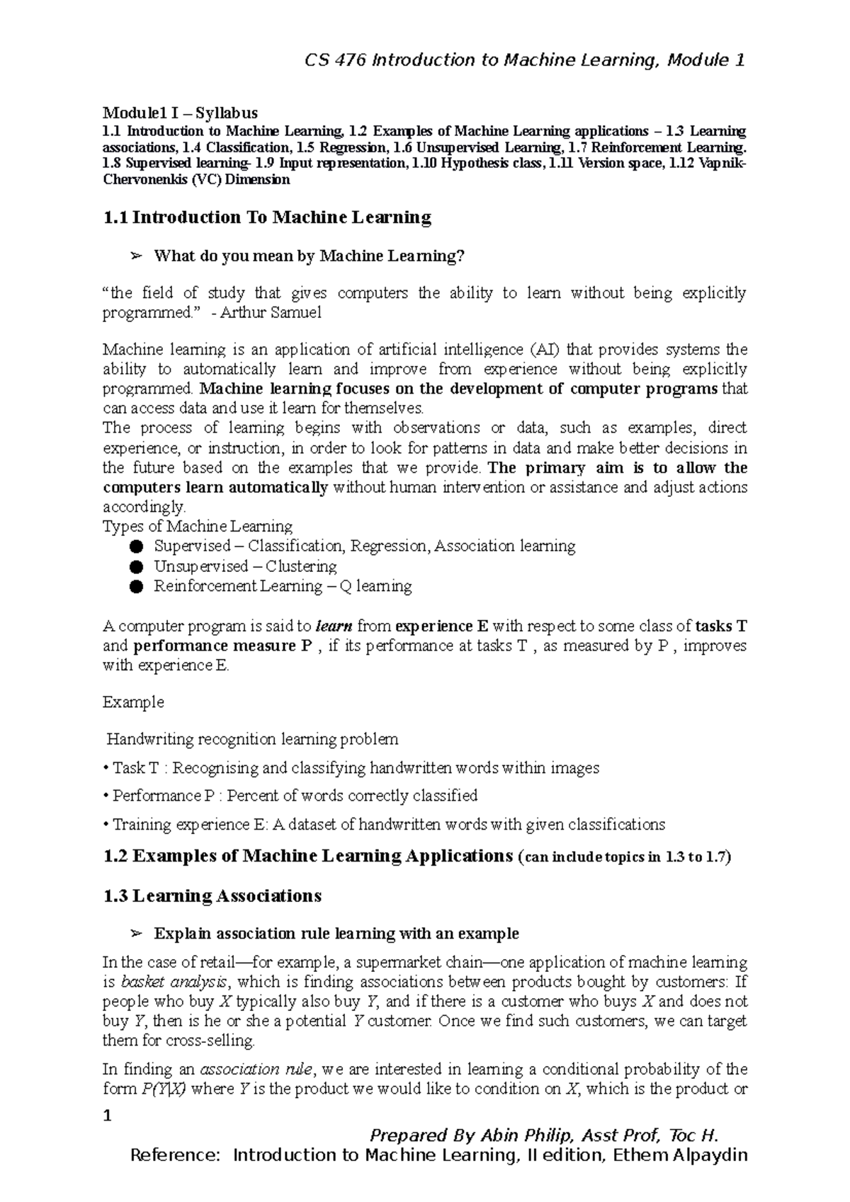ML1 - Machine learning - Module1 I – Syllabus 1 Introduction to Machine ...
