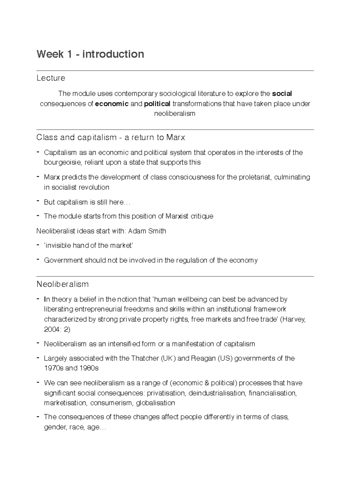 Class and Capitalism in the Neoliberal World - Week 1 - introduction Lecture The module uses ...