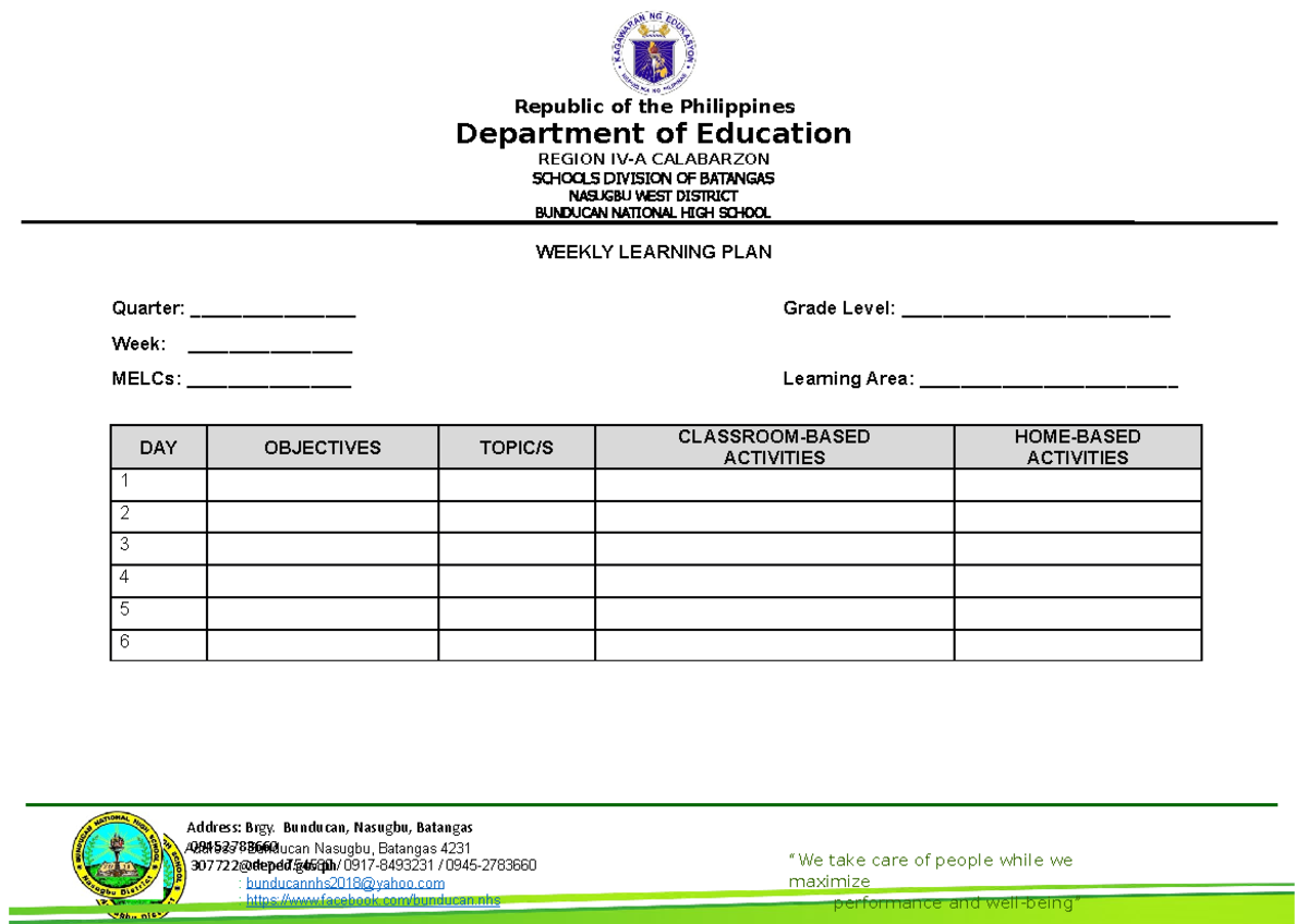 Weekly Learning Plan - Address: Brgy. Bunducan, Nasugbu, Batangas ...