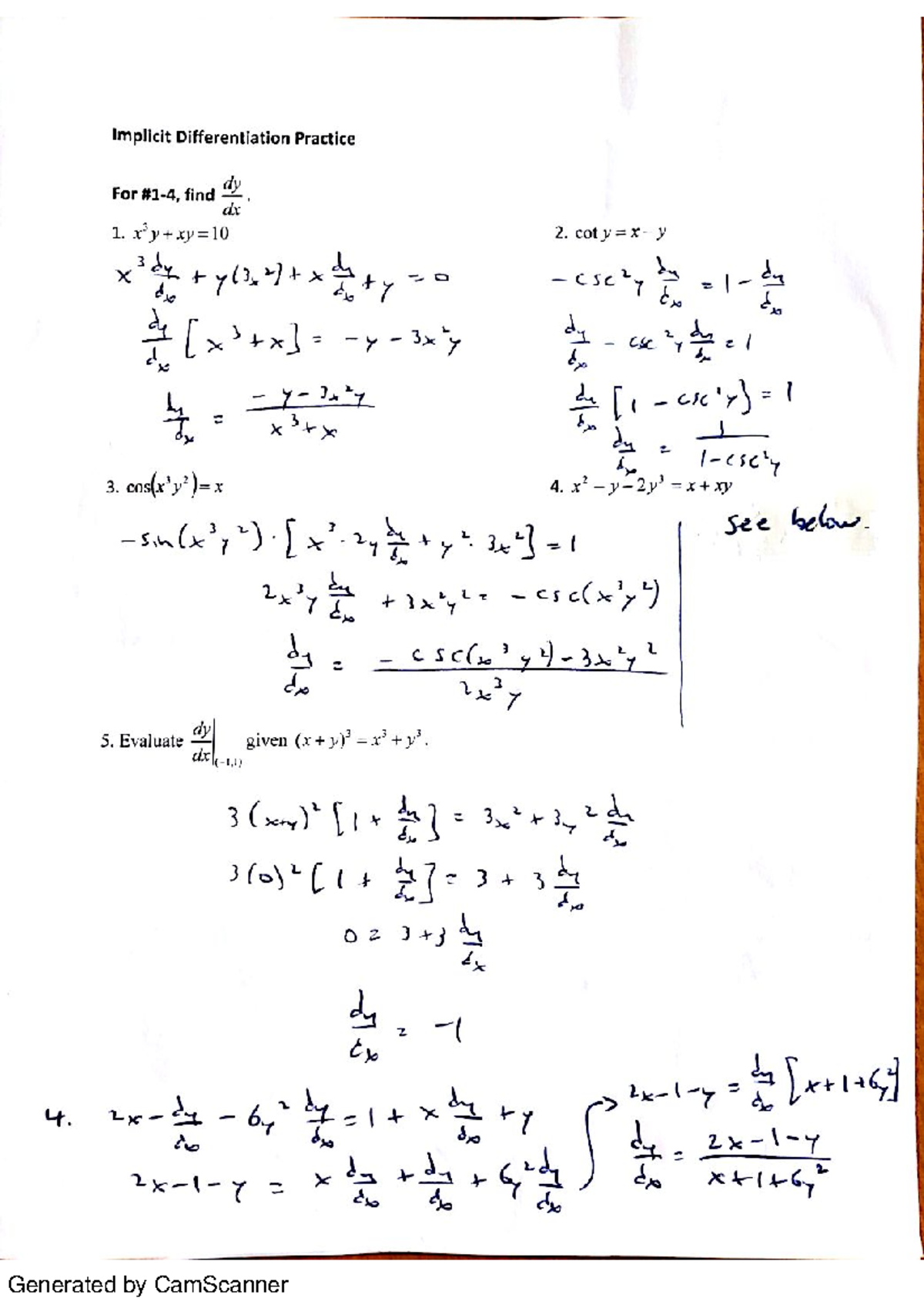 Implicit Differentiation Answers - Implicit Differentiation Practice For #1-4,find d 1. - Studocu
