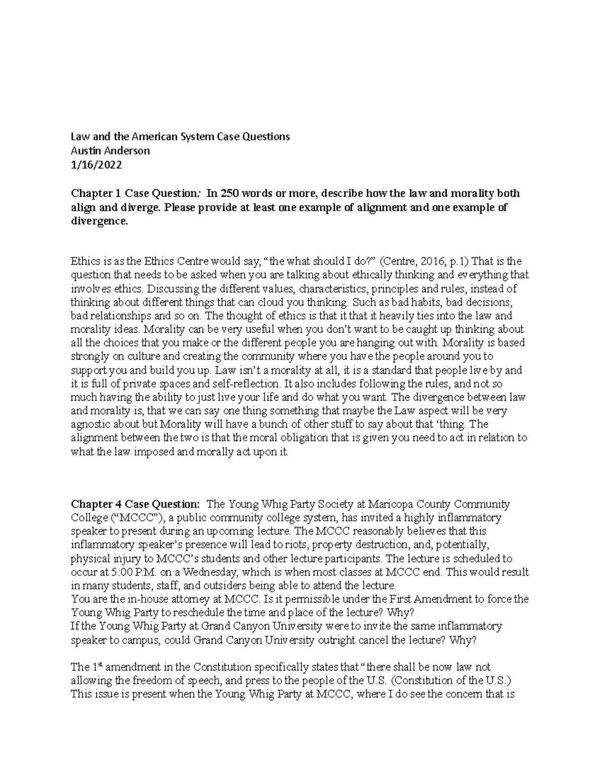 Law and the American System Case Questions - Please provide at least ...