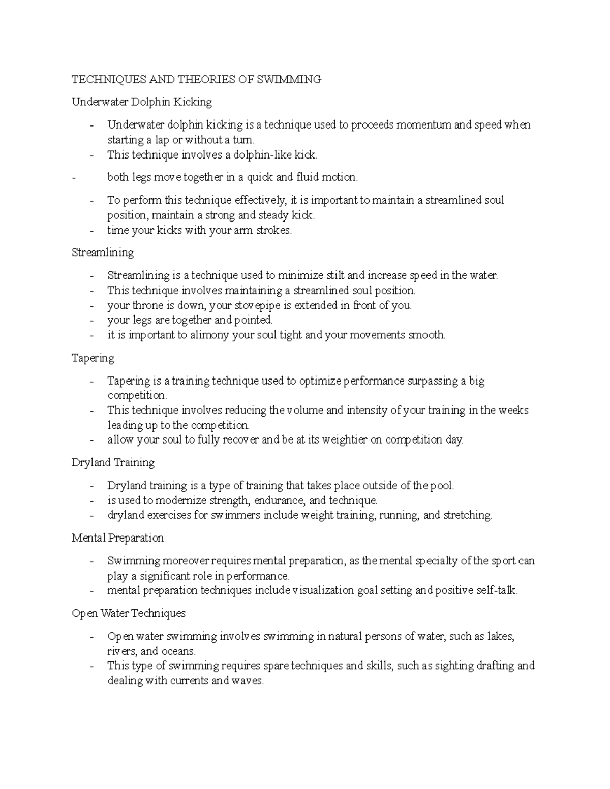 Techniques AND Theories OF Swimming Notes 2 - TECHNIQUES AND THEORIES ...