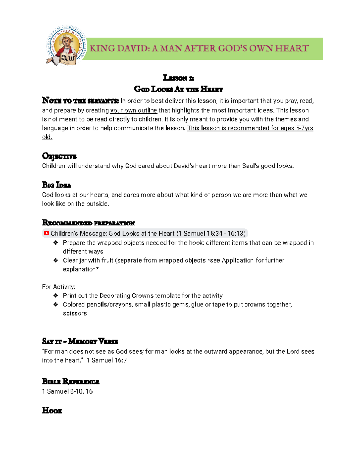 (K-1)%20Lesson%201 %20God%20Looks%20at%20the%20Heart - Lesson 1: God ...