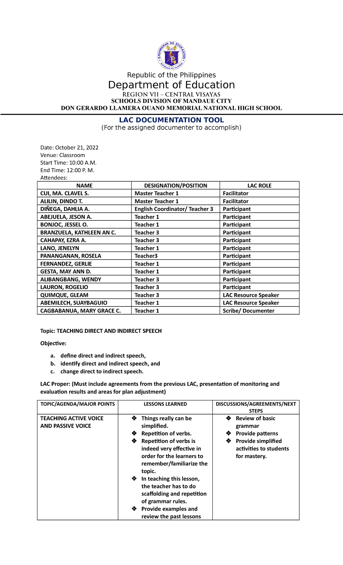 LAC- Documentation-TOOL - Sir ABE - Republic of the Philippines Department of Education SCHOOLS ...