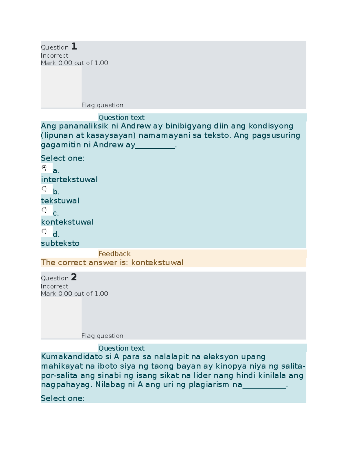FILI6201 Incomplete EXAM - Question 1 Incorrect Mark 0 out of 1. Flag ...