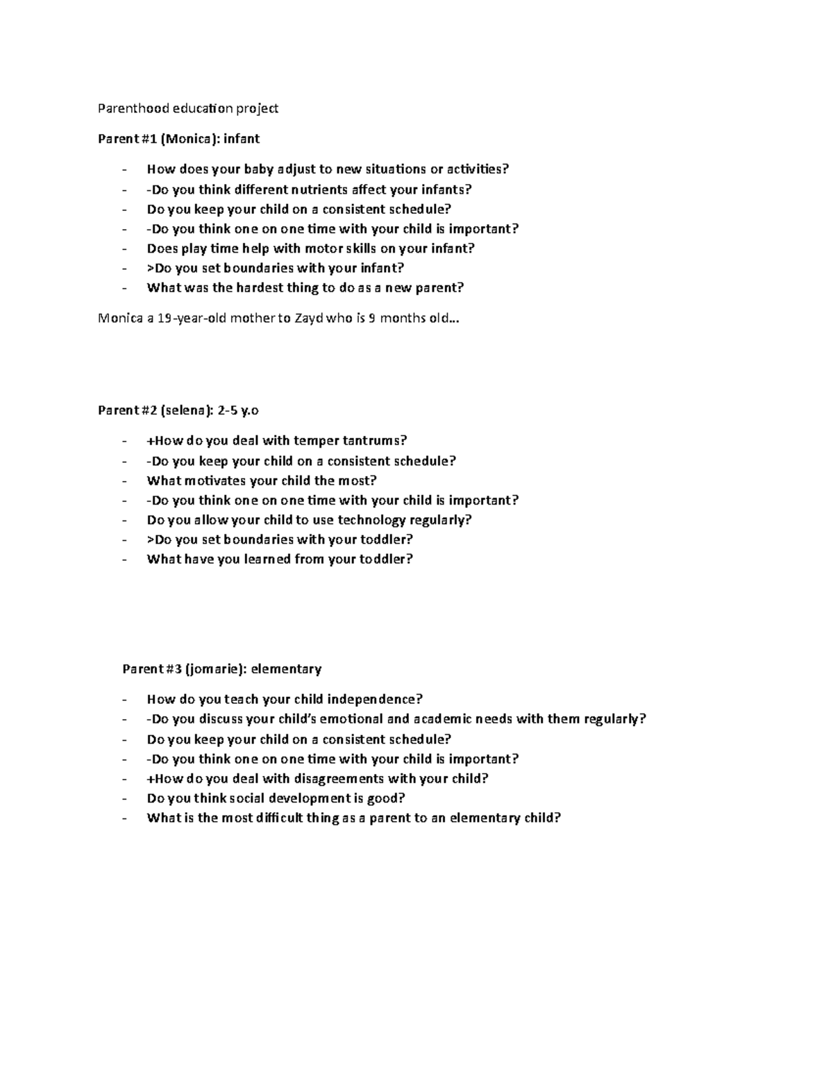 Parent interview assignment - Parenthood education project Parent #1 ...