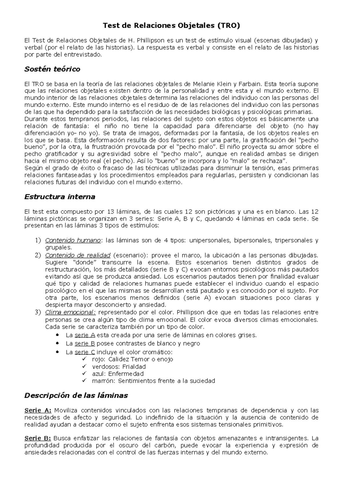 Test TRO (guía) - tro - Test de Relaciones Objetales (TRO) El Test de ...